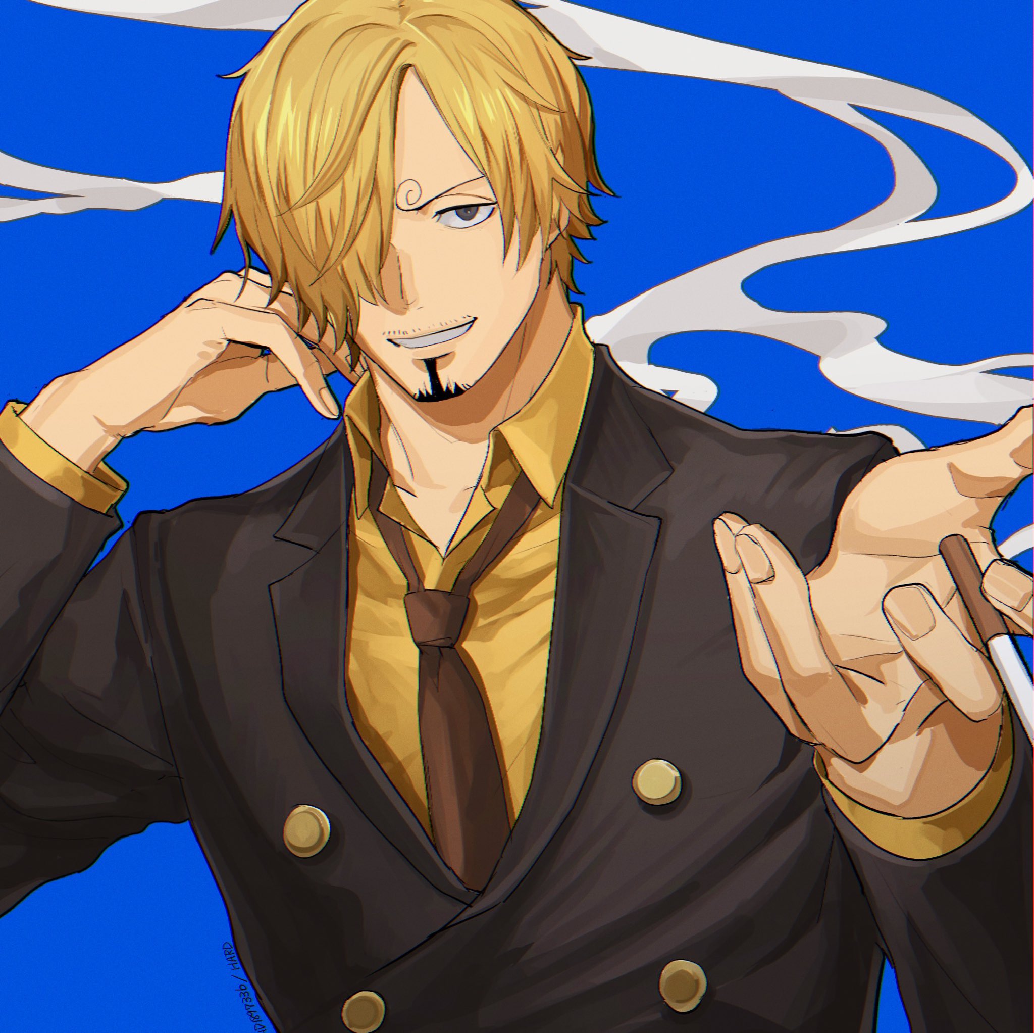 Safebooru - 1boy blonde hair blue background cigarette collared shirt ...