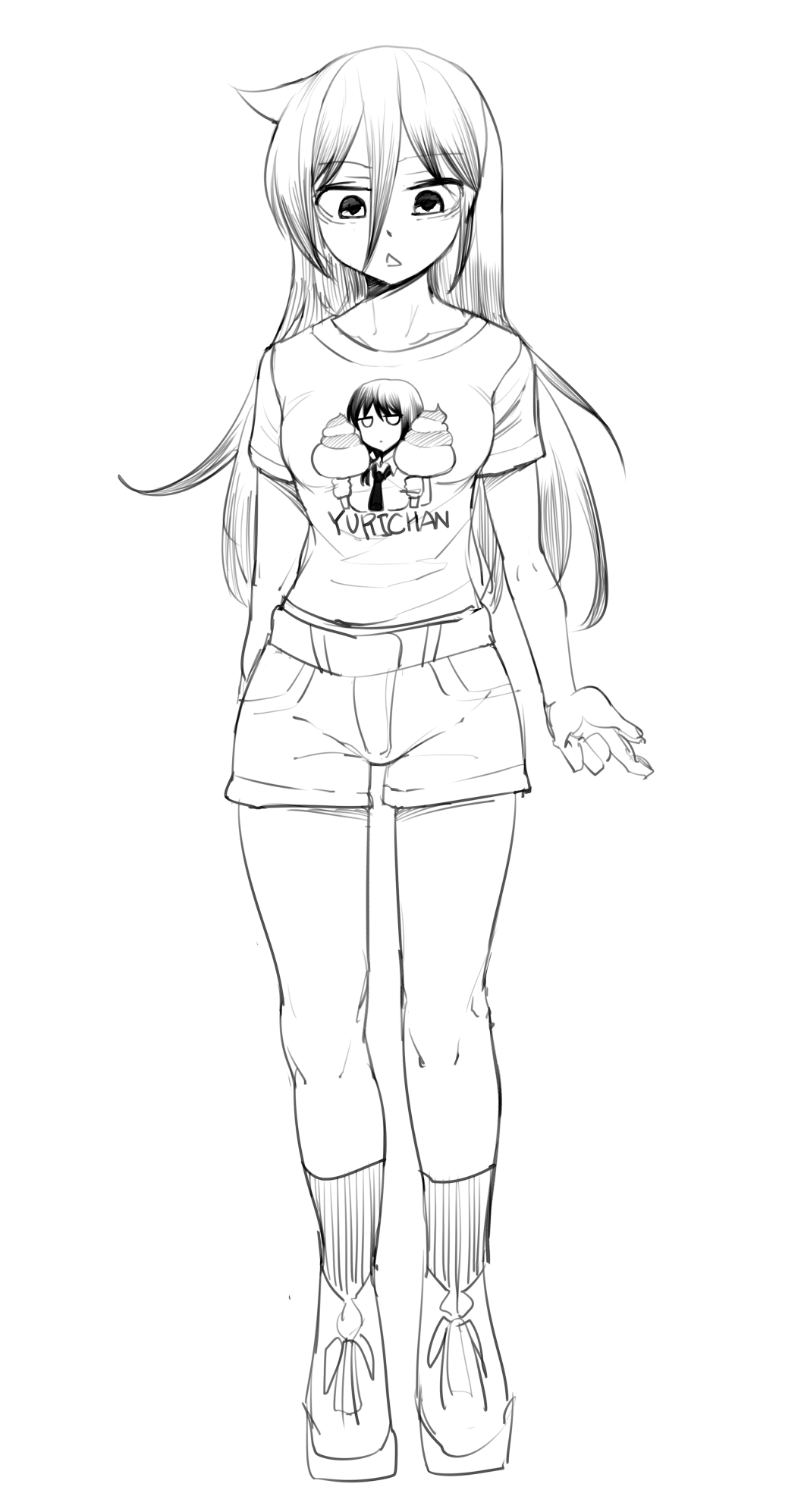 Safebooru - 1girl breasts full body greyscale hair between eyes highres ...