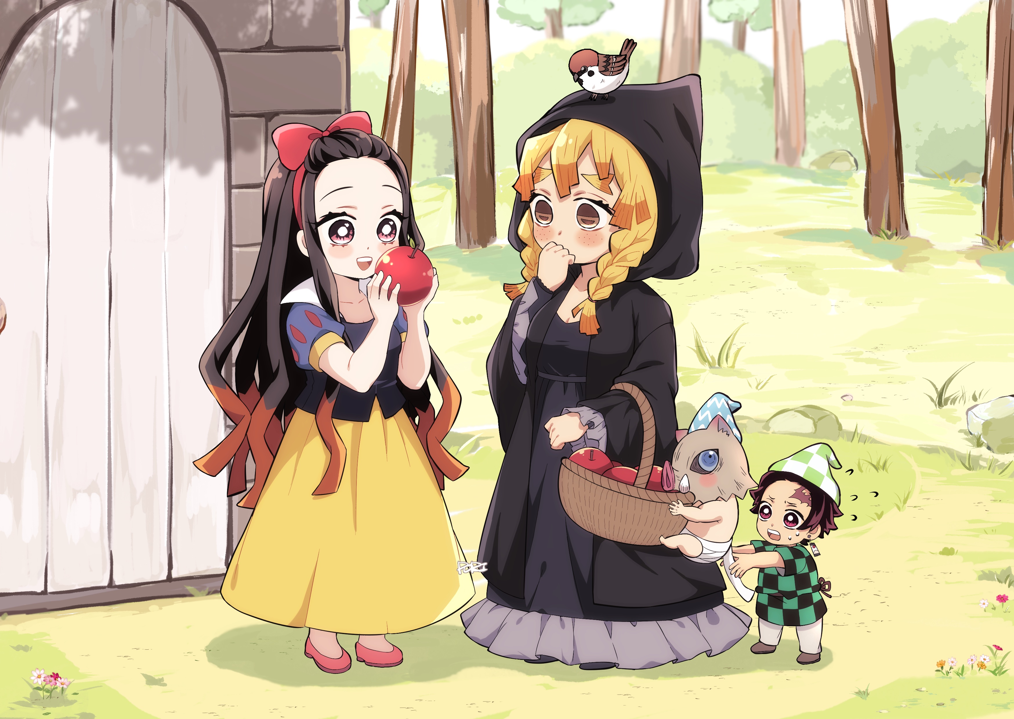 Safebooru - 1girl 3boys absurdres agatsuma zenitsu animal on head apple ...
