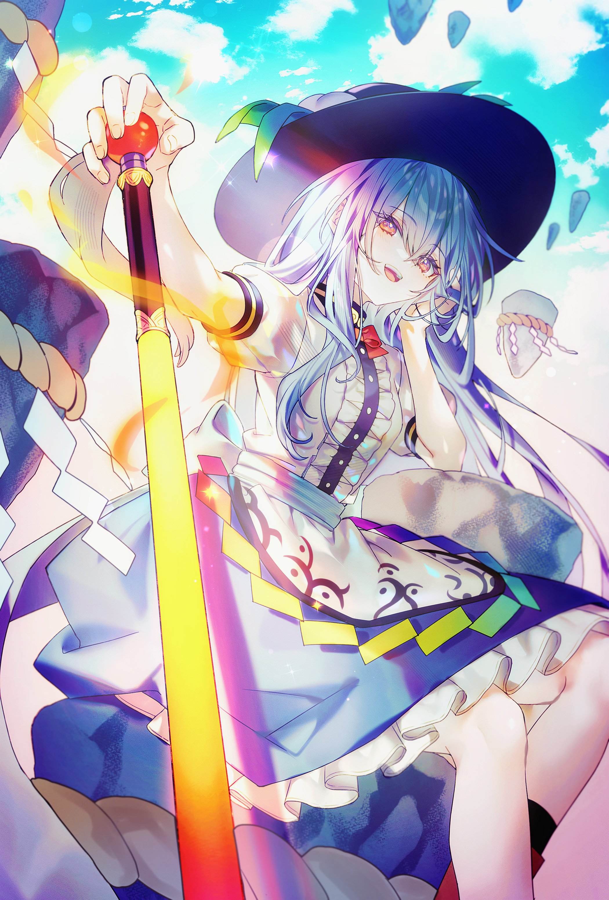 Safebooru - 1girl absurdres black headwear blue dress blue hair blue skirt blue sky center ...