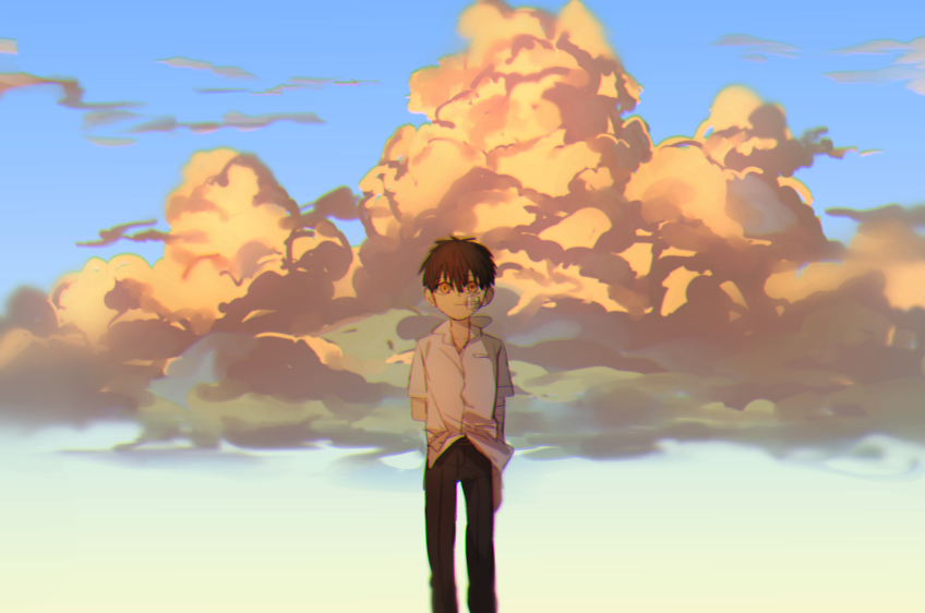 Safebooru - 1boy bandage on face bandages black pants brown hair clouds ...