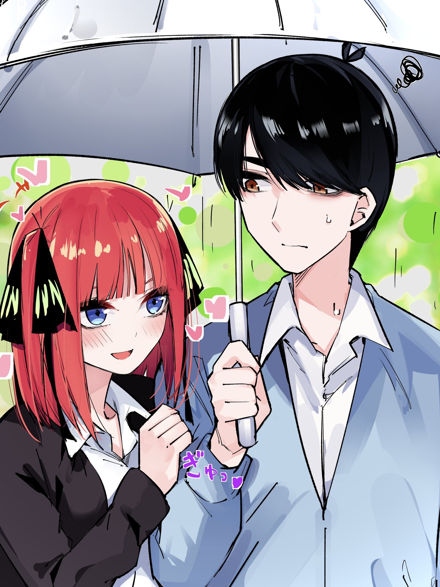 Safebooru - 1boy 1girl :d antenna hair arm hug black hair black jacket black ribbon blue eyes ...