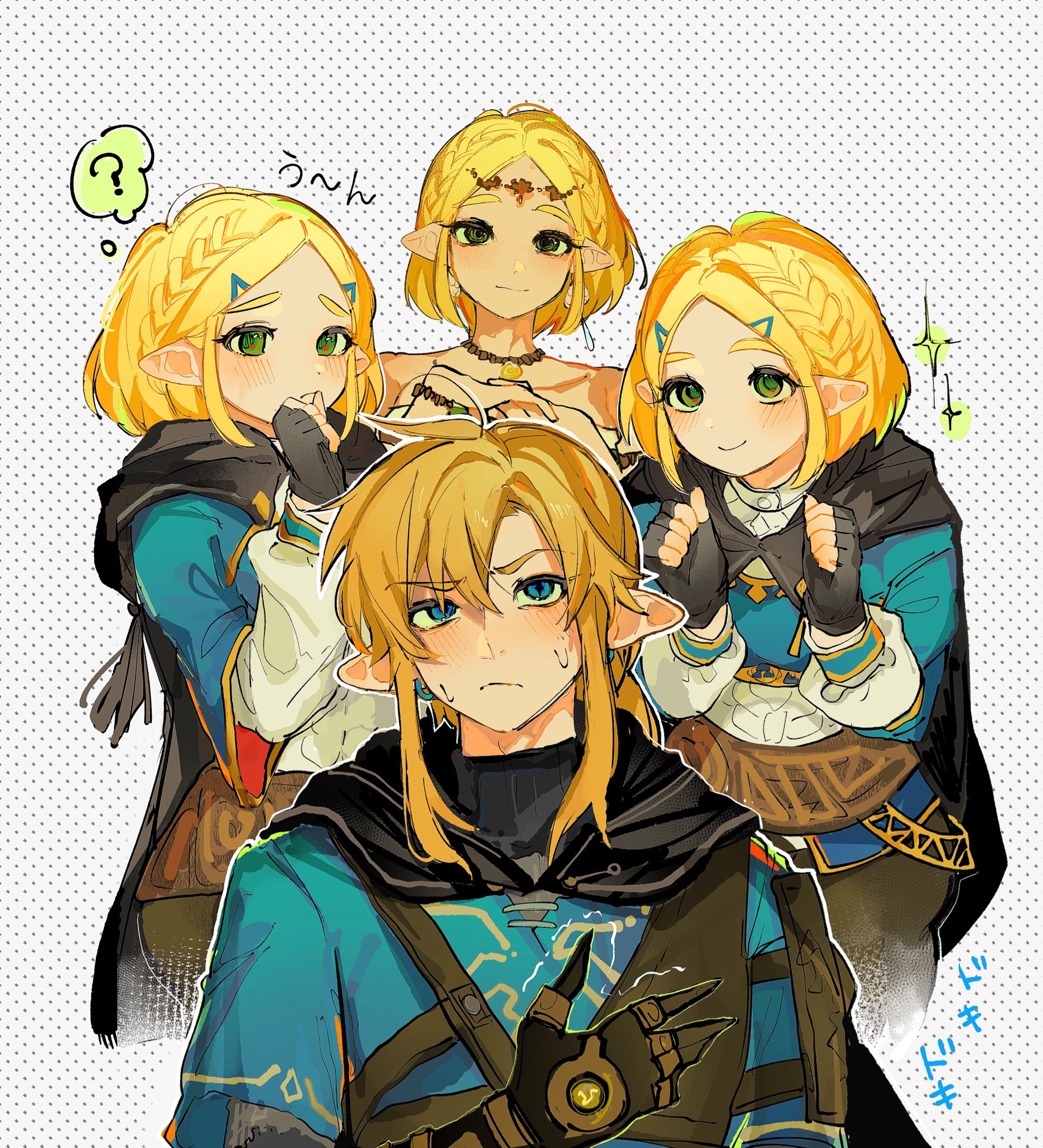 Safebooru - 1boy 3girls ? black cape black gloves black pants blonde hair blue eyes blue shirt ...