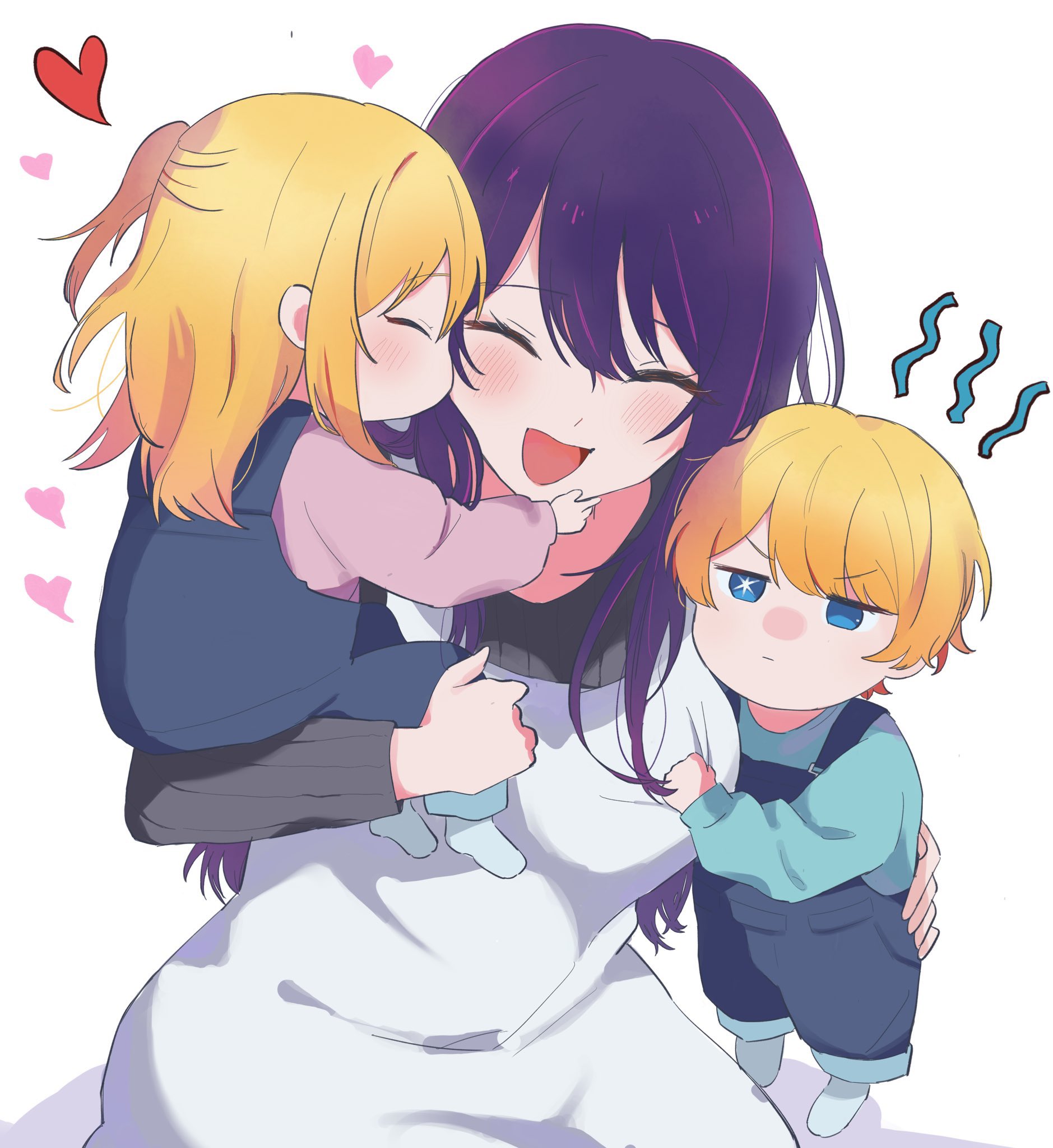 Safebooru - 1boy 2girls :d age difference aged down aise27820265 black sweater blonde hair blue ...