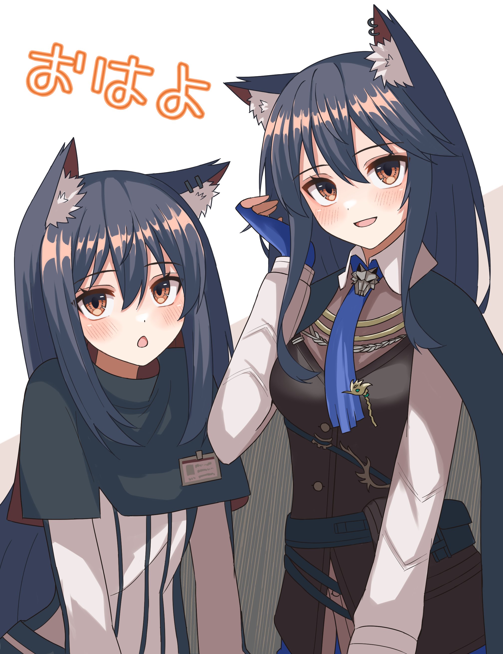Safebooru - 2girls :d absurdres animal ear fluff animal ears arknights black capelet black hair ...