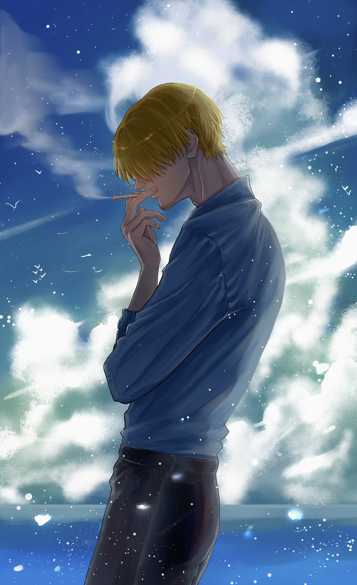 Safebooru - 1boy 72ki belt bird black belt black pants blonde hair blue shirt blue sky cigarette ...