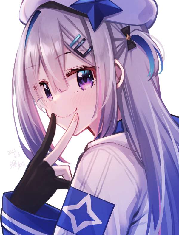 Safebooru - 1girl amane kanata beret black bow black gloves blue hair blush bow closed mouth ...