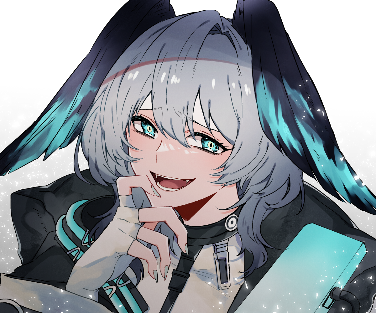 Safebooru - 1girl :d arknights bags under eyes black jacket blue eyes blush fangs fingerless ...