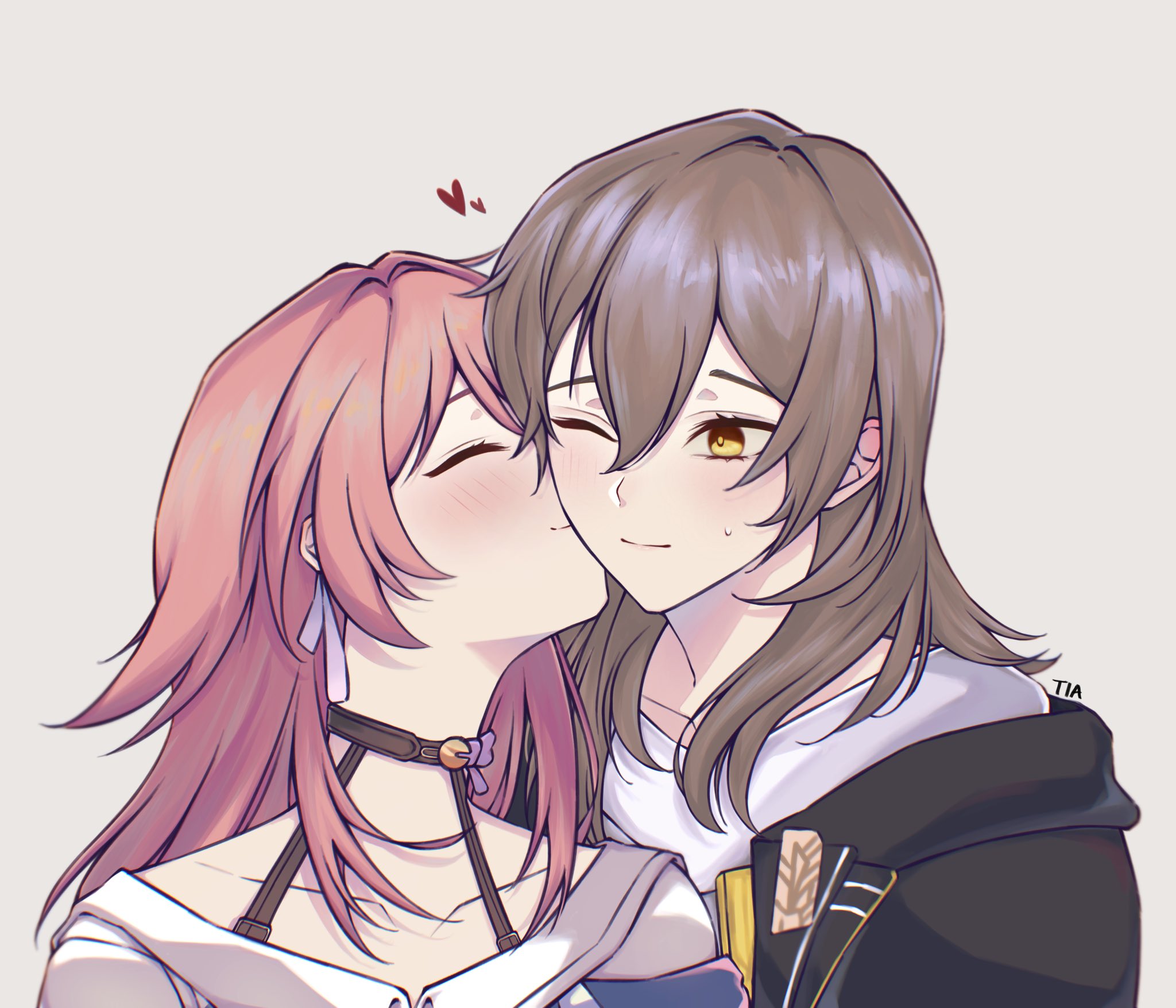 Safebooru - 2girls artist name black choker black jacket blush breasts choker closed eyes closed ...