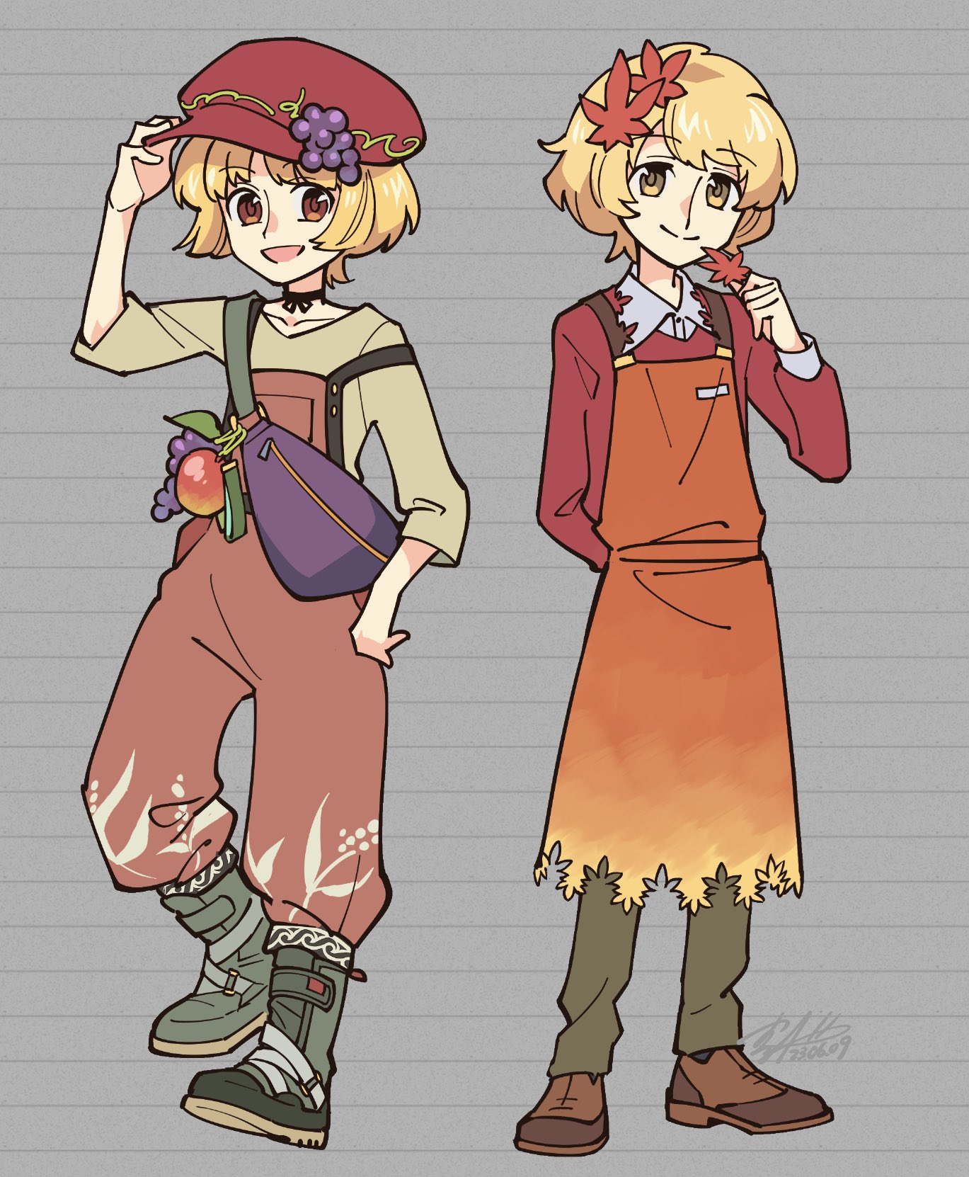 Safebooru - 2boys aki minoriko aki shizuha apple blonde hair brown eyes ...