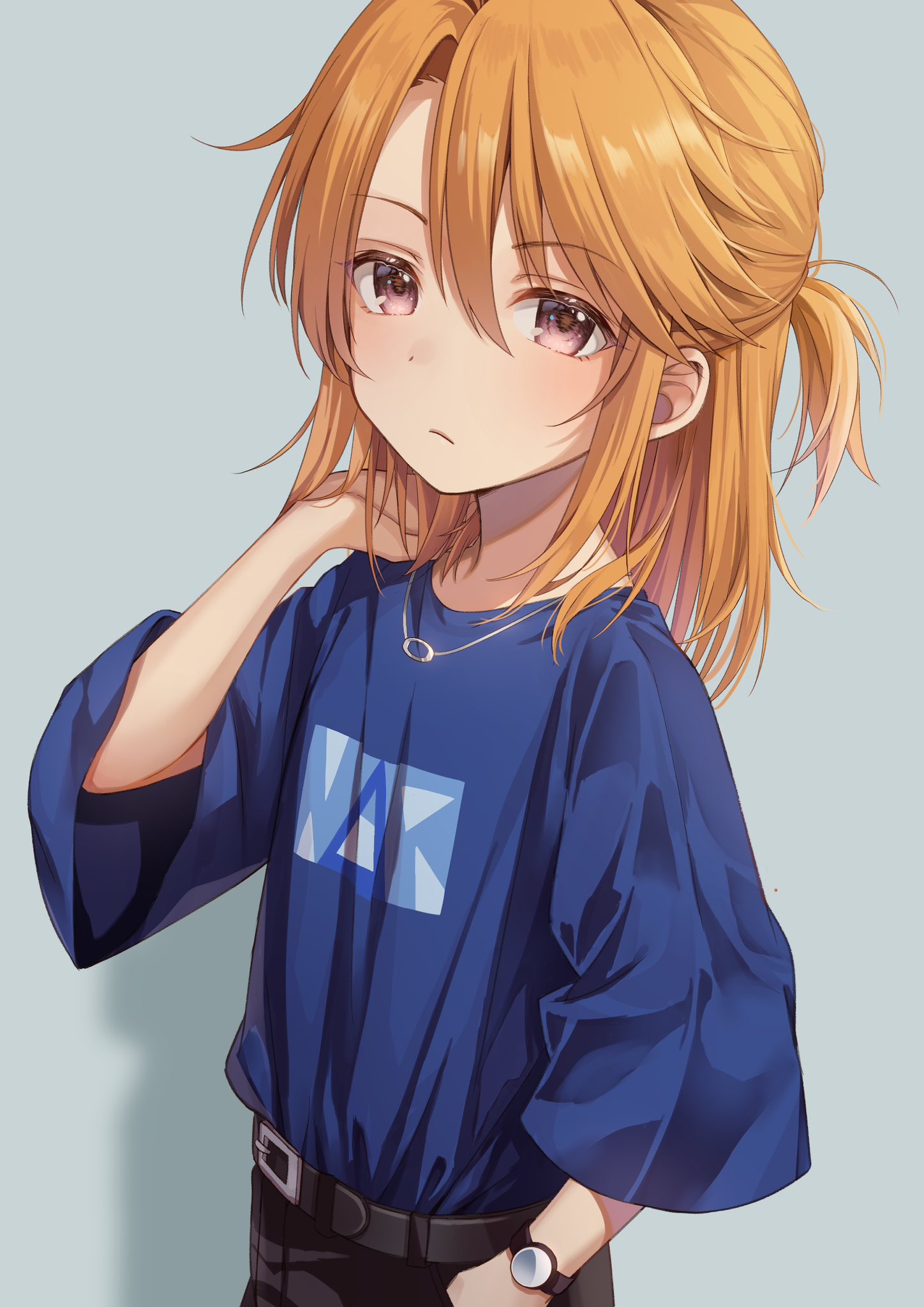 Safebooru - 1girl belt black belt black pants blonde hair blue shirt brown eyes commentary ...
