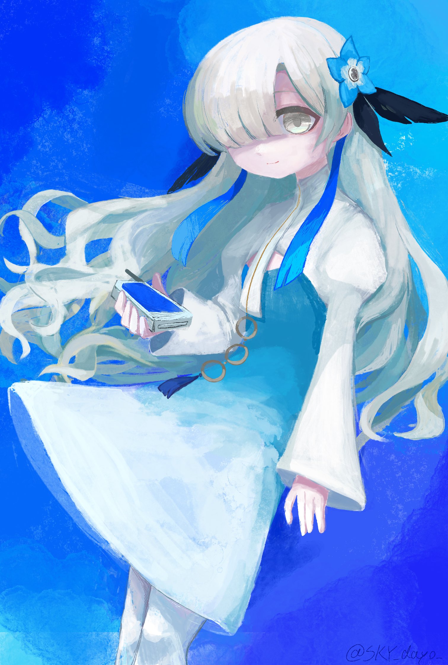 Safebooru - 1girl blue background blue dress blue flower blue hair dress feet out of frame ...