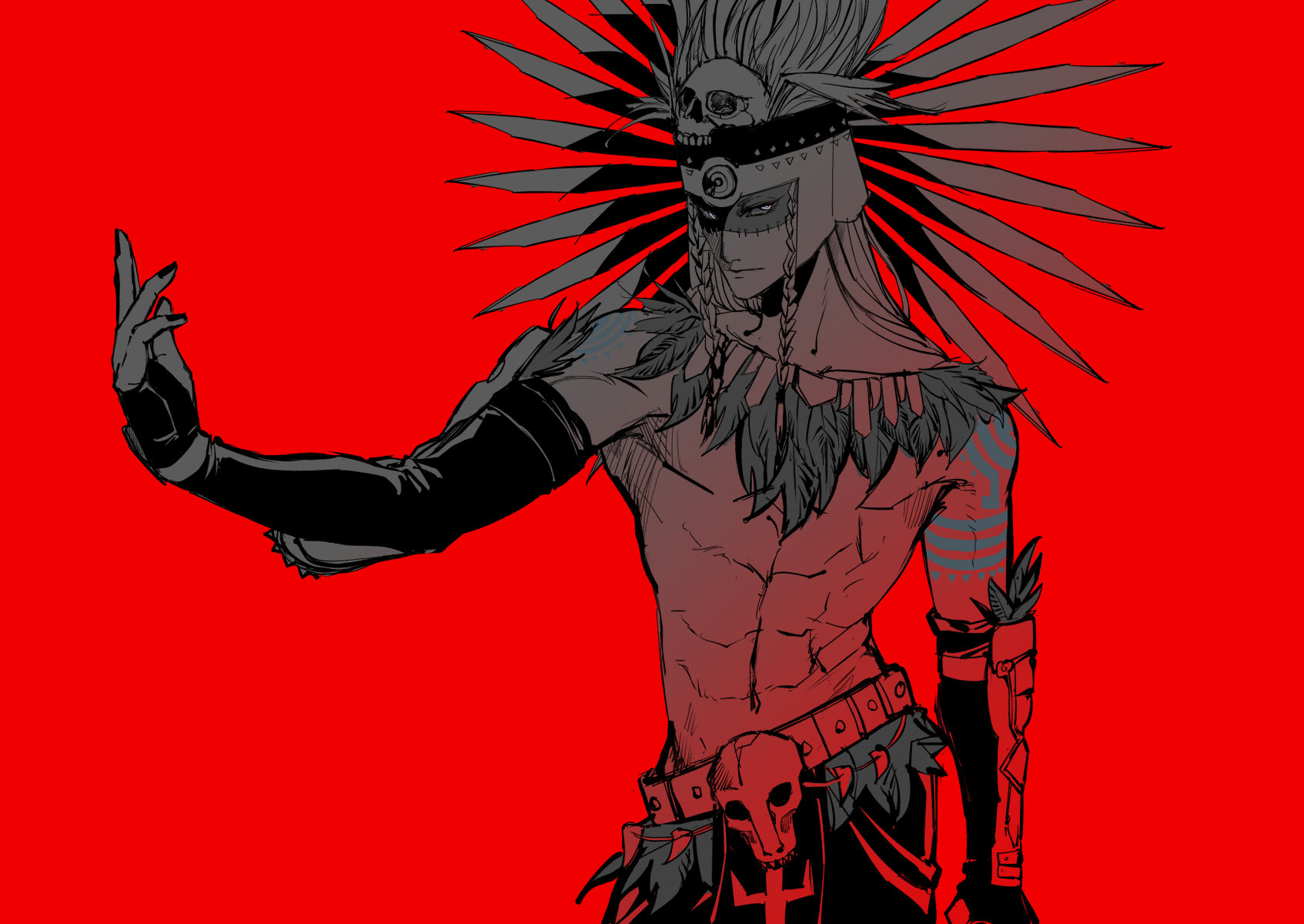 Safebooru - 1boy abs arm tattoo aztec bang bang0923 black gloves black ...