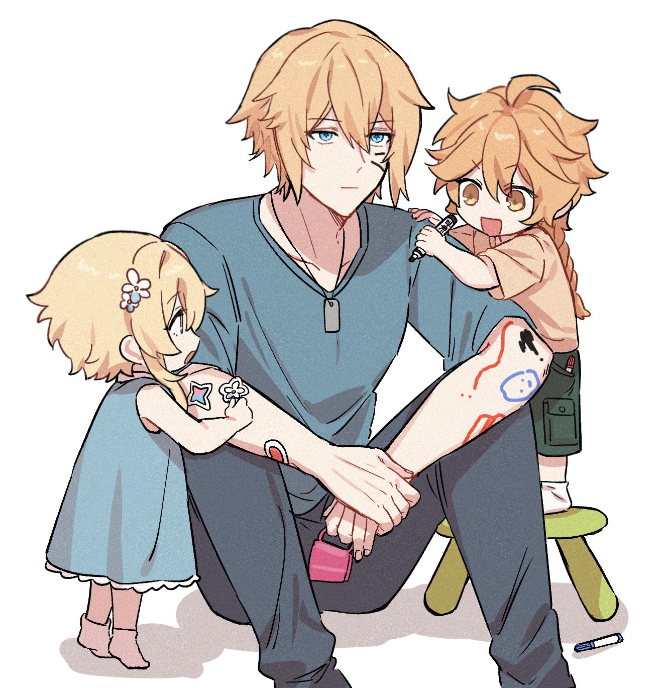 Safebooru - 1girl 2boys :d :| aether (genshin impact) aged down ahoge blue eyes blue shirt braid ...