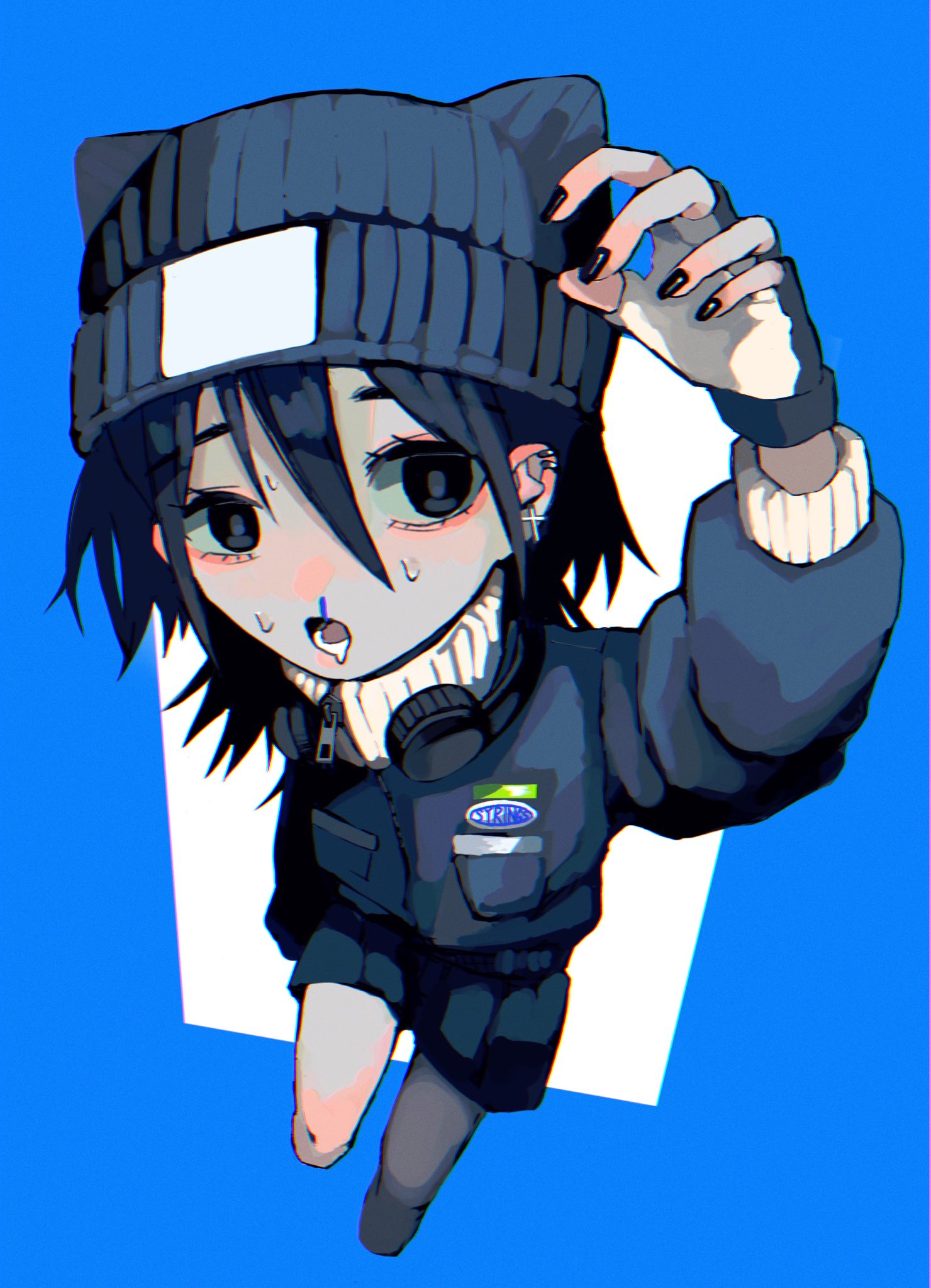 Safebooru - 1girl animal ear headwear arm at side arm up beanie black eyes black hair black ...