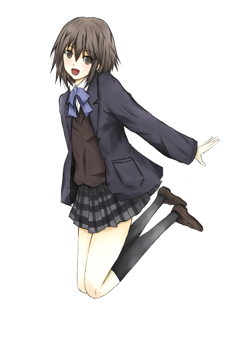 Safebooru - 1girl :d arms behind back black hair black socks black sweater vest blazer blue bow ...