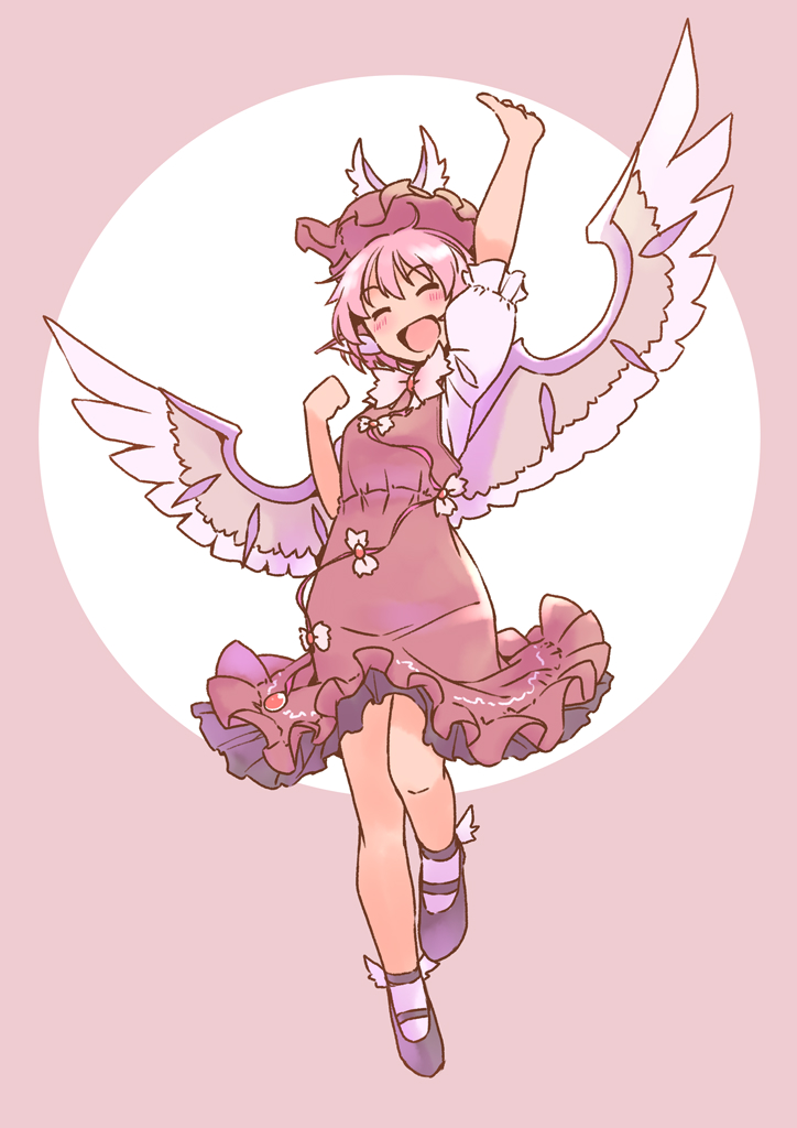 Safebooru - 1girl animal ears arm up bird ears bird wings black footwear blush brown dress brown ...