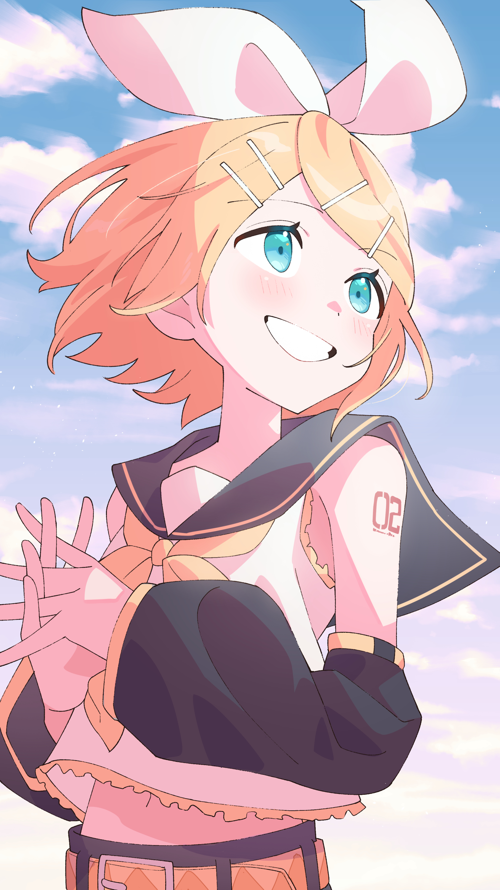 Safebooru - 1girl absurdres aqua eyes bare shoulders belt blonde hair blue sky bow detached ...