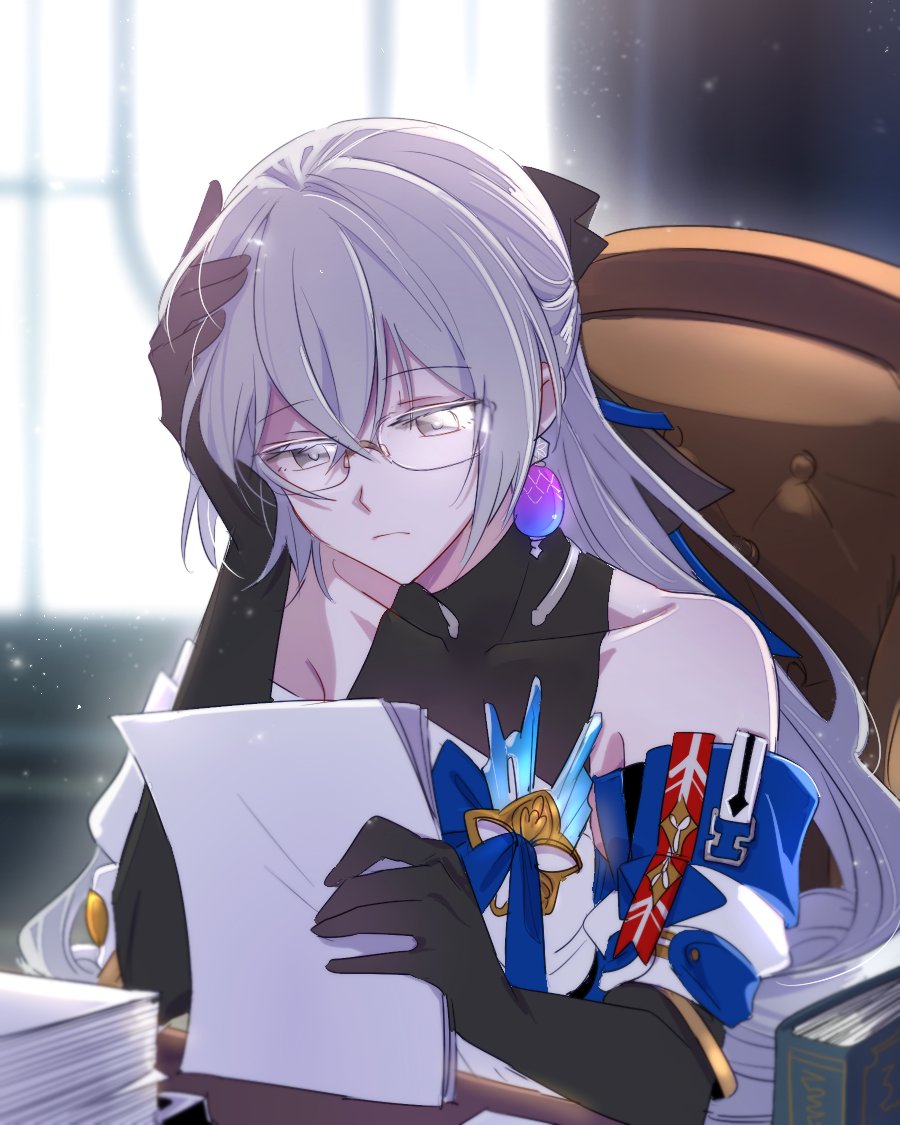 Safebooru - 1girl 6 (yuchae) bare shoulders black gloves book breasts bronya rand chair closed ...