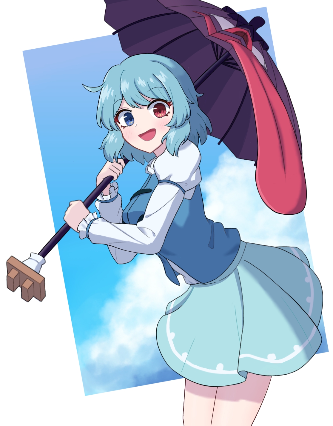 Safebooru - 1girl :d ahoge arched back blue eyes blue hair blue skirt blue sky blue vest blush ...