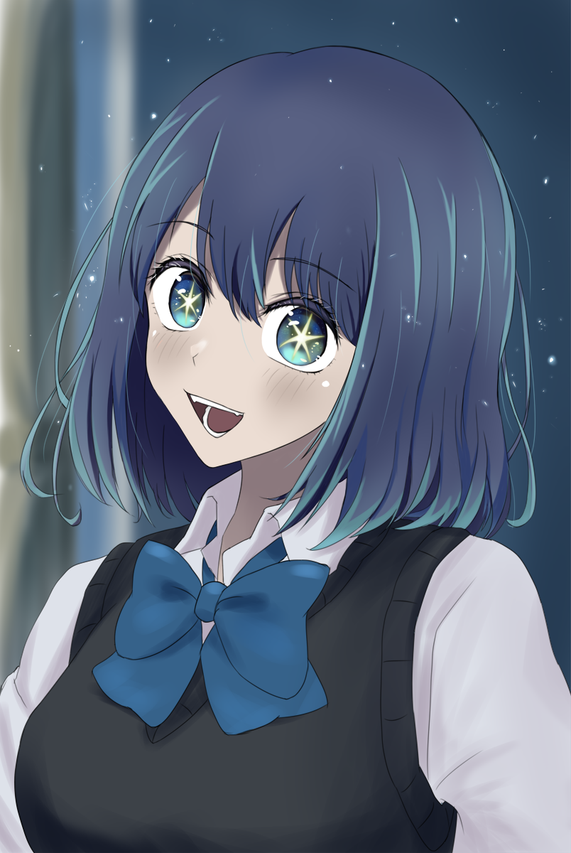 Safebooru - 1girl 711pan :d aqua eyes black sweater vest blue bow blue bowtie blue hair blurry ...