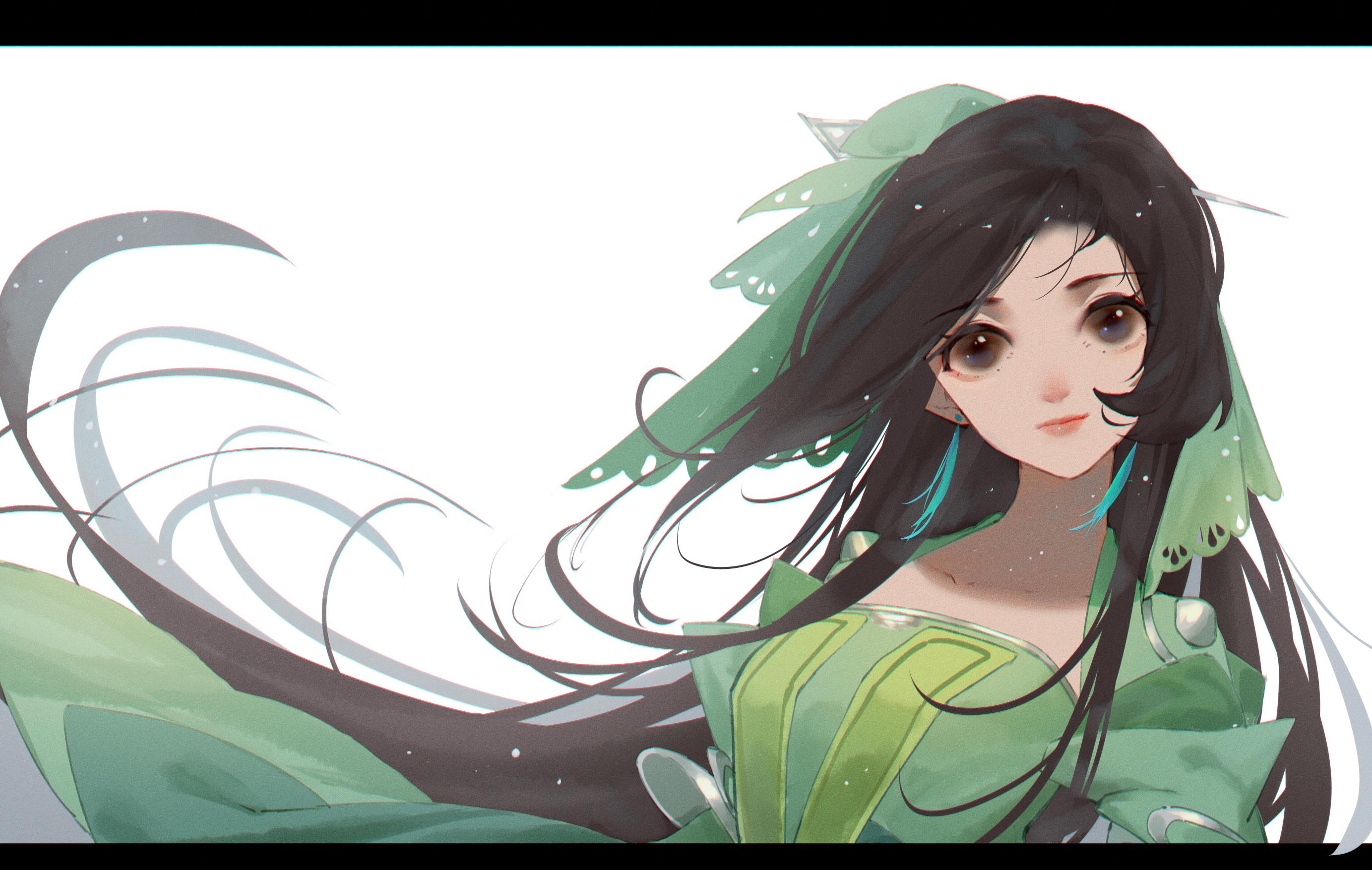 Safebooru - 1girl black hair chinese clothes collarbone dress green dress hanfu head tilt ...