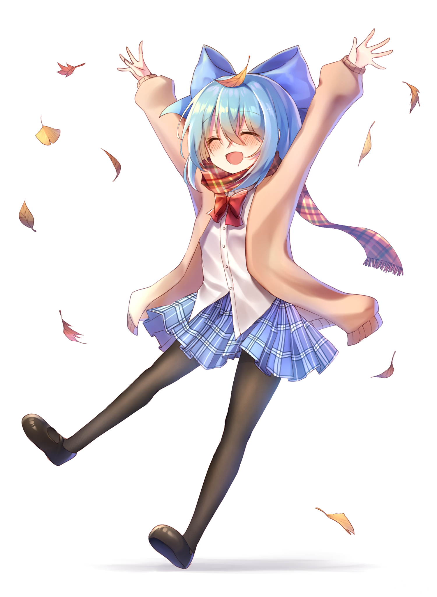 Safebooru - 1girl arms up autumn leaves black footwear black pantyhose blue bow blue hair blue ...
