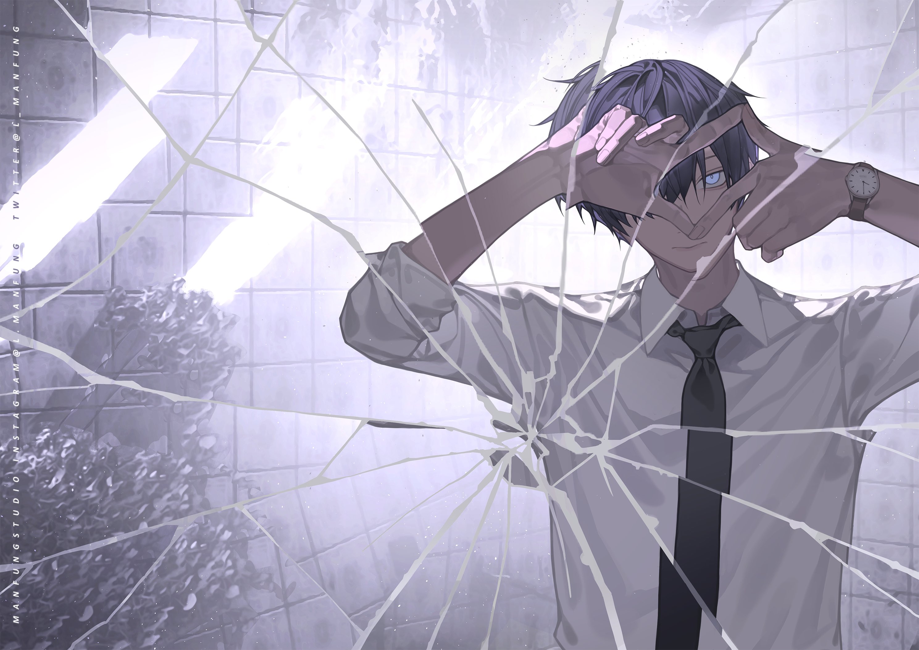 Safebooru - 1boy black necktie blue eyes blue hair broken glass bush closed mouth collared shirt ...