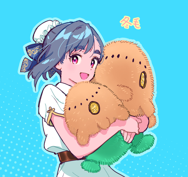 Safebooru - 1girl belt black hair blue background bun cover dress hair ribbon object hug okiraku ...