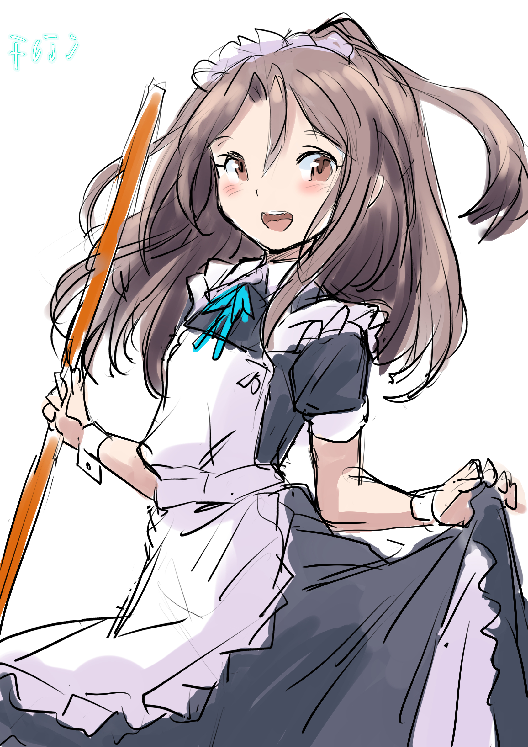 Safebooru - 1girl alternate costume apron black dress broom brown eyes cowboy shot dress ...