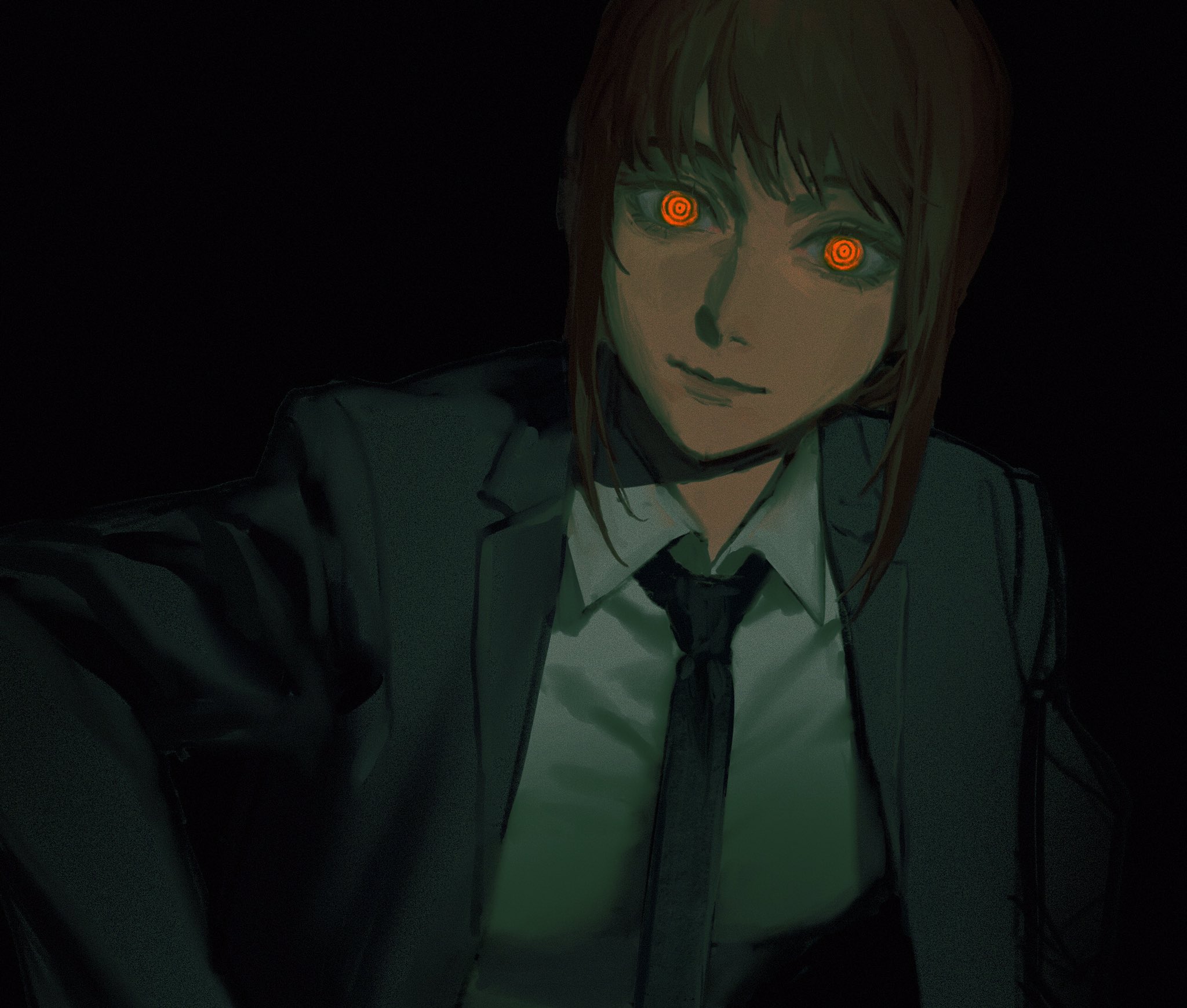 Safebooru - 1girl black background black jacket black necktie chainsaw man glowing glowing eyes ...