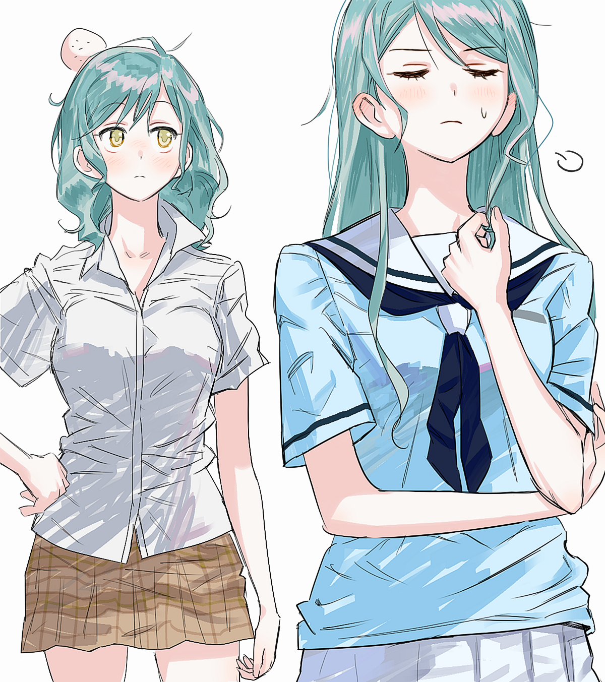 Safebooru - 2girls angry aqua hair bang dream! blue neckerchief blue serafuku blue shirt blush ...