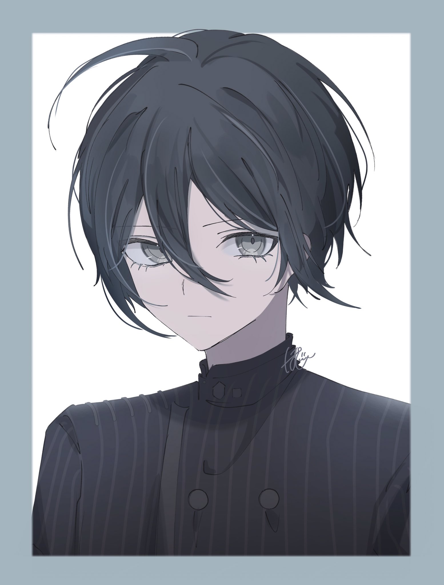 Safebooru - 1boy ahoge black hair black jacket border brown eyes buttons closed mouth ...