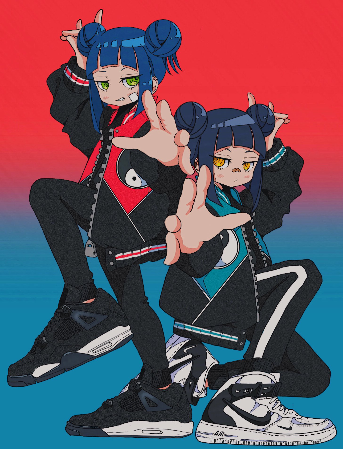 Safebooru - 2girls air jordan air jordan 4 arm up back-to-back bandaid bandaid on cheek bandaid ...