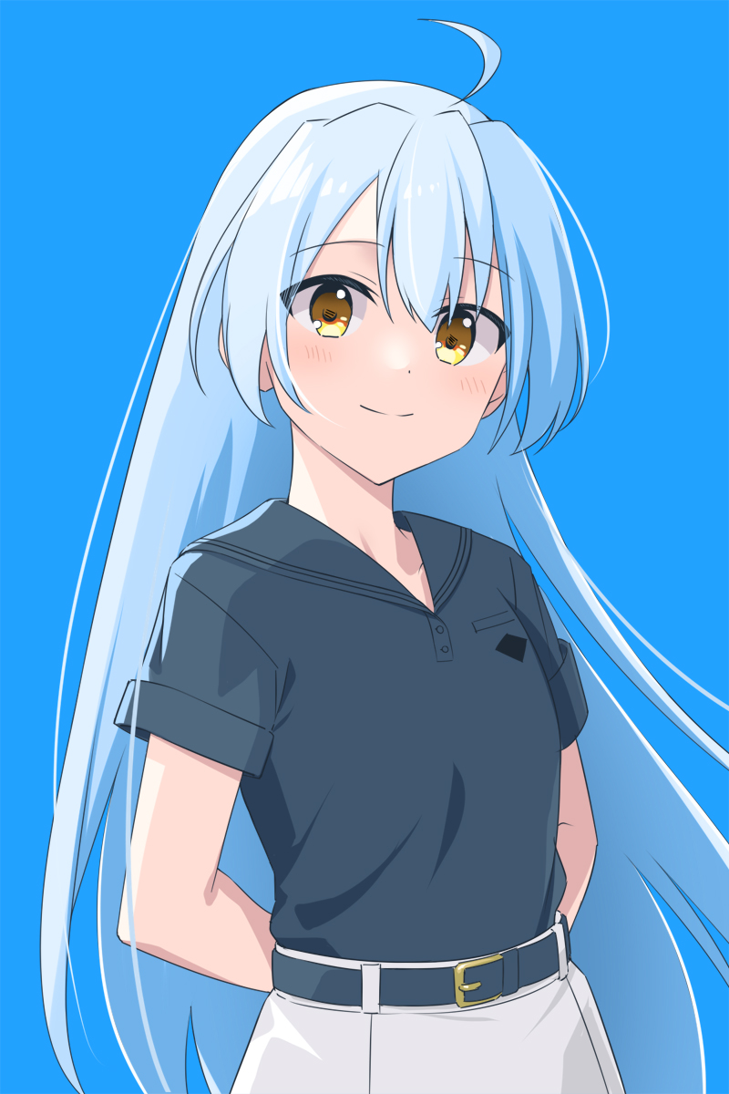 Safebooru - 1girl ahoge arms behind back belt belt buckle black belt black shirt blue background ...