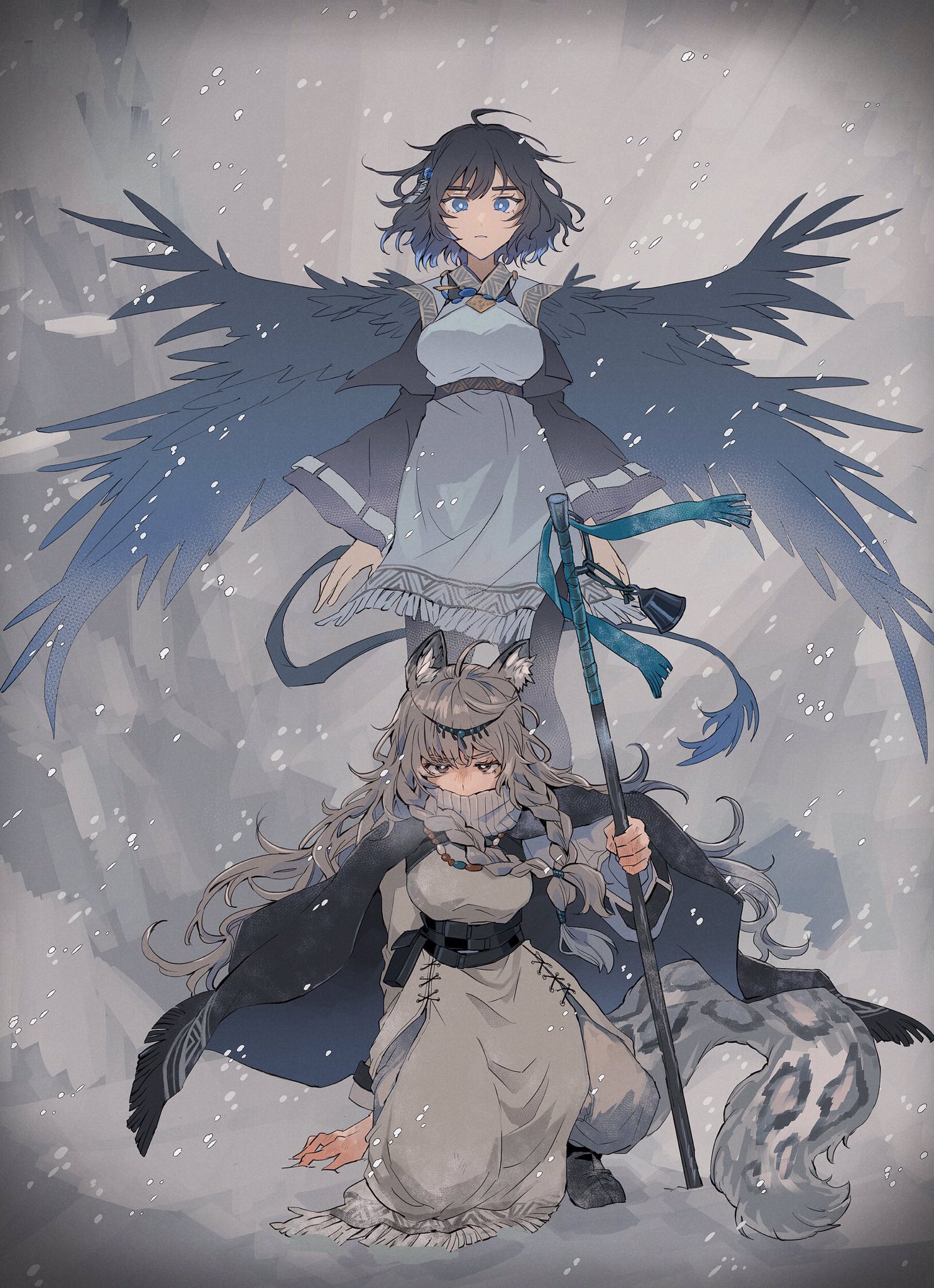 Safebooru - 2girls ahoge animal ear fluff animal ears arknights arms at sides black hair black ...