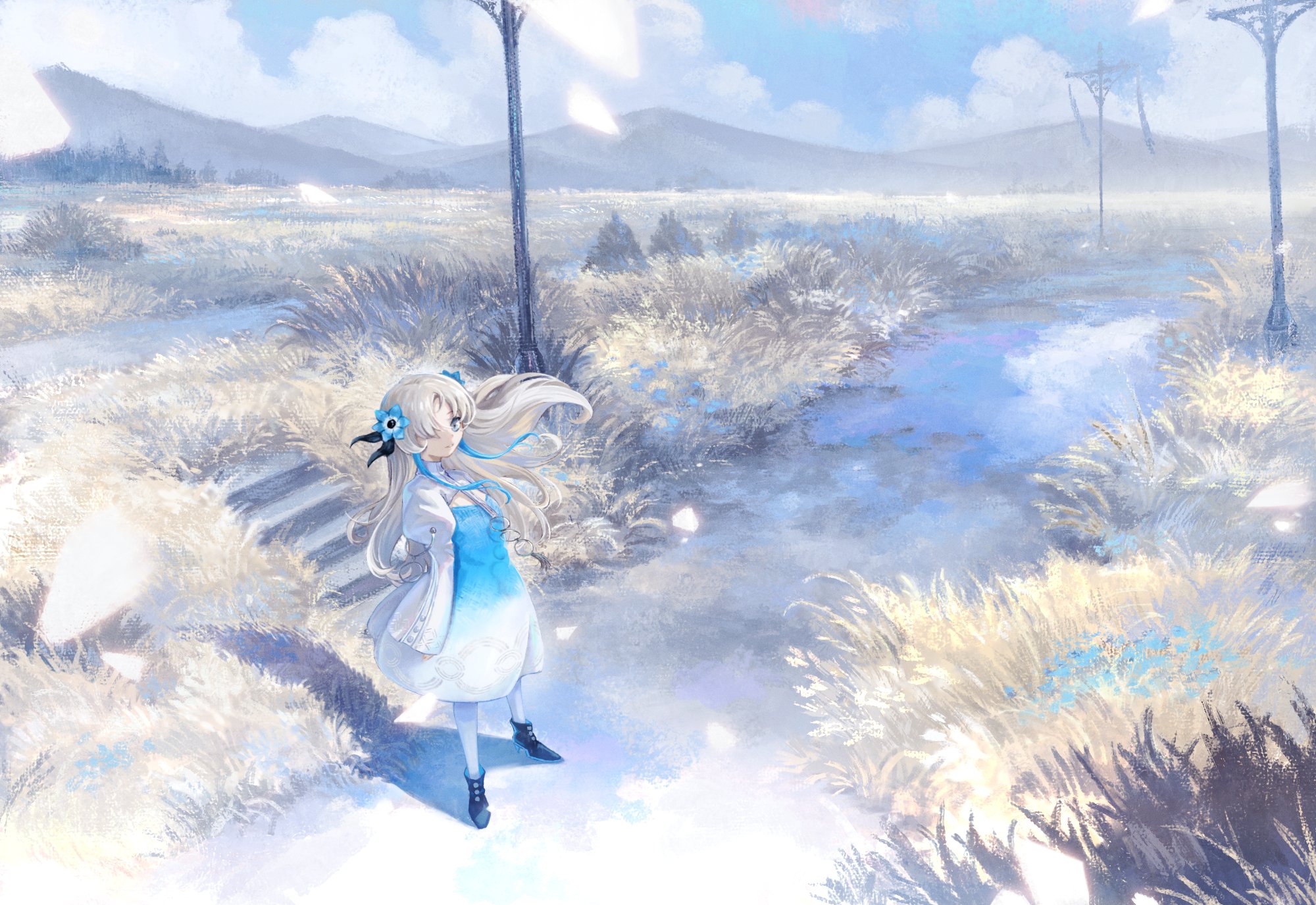 Safebooru - 1girl blue dress blue flower blue hair blue sky clouds dannychuchi dress field ...