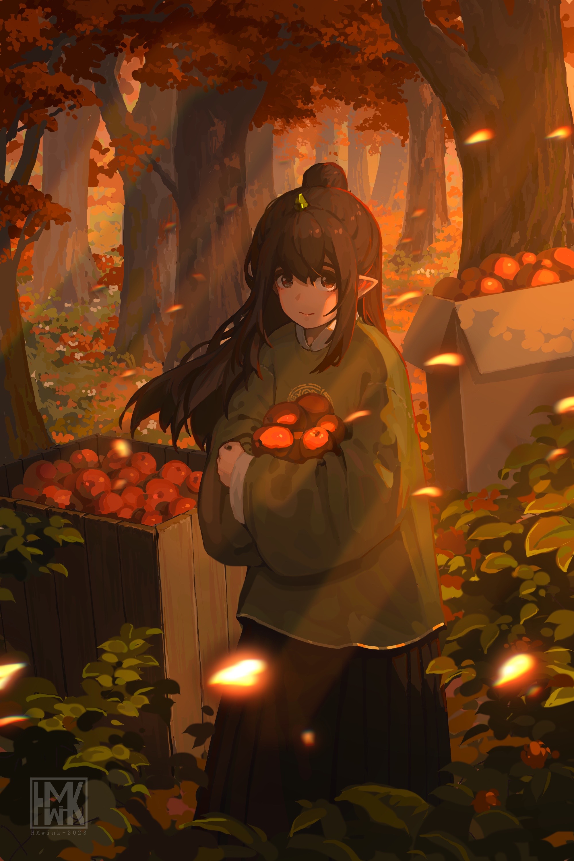 Safebooru - 1girl absurdres apple autumn autumn leaves brown eyes brown hair chinese clothes elf ...