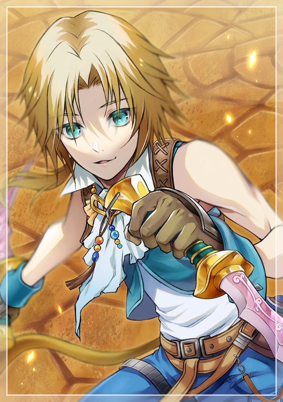 Safebooru - 1boy bare shoulders belt belt buckle blonde hair blue eyes blue pants blue vest ...