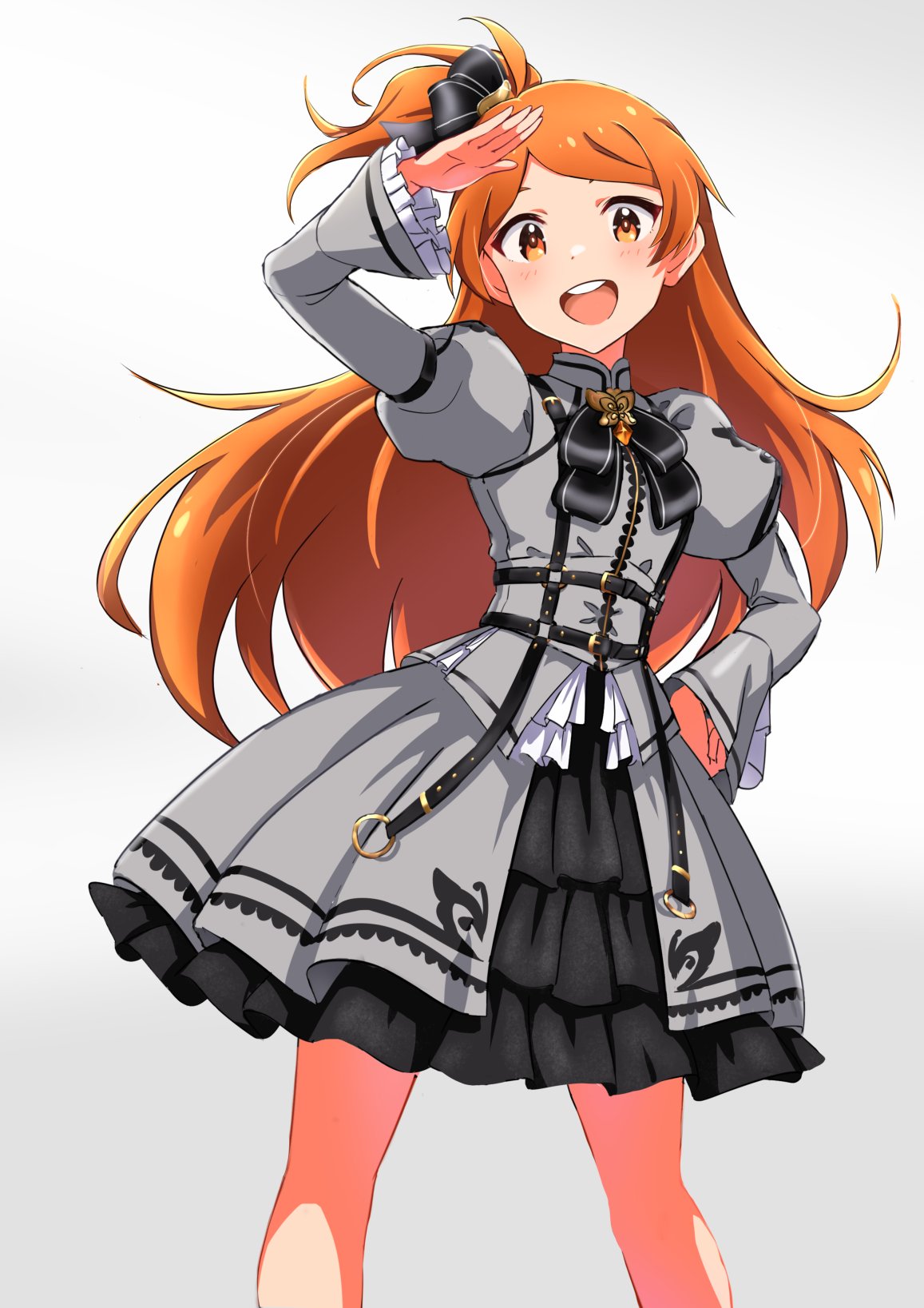 Safebooru - 1girl :d ahoge arm up black bow black bowtie black ribbon blush bow bowtie breasts ...