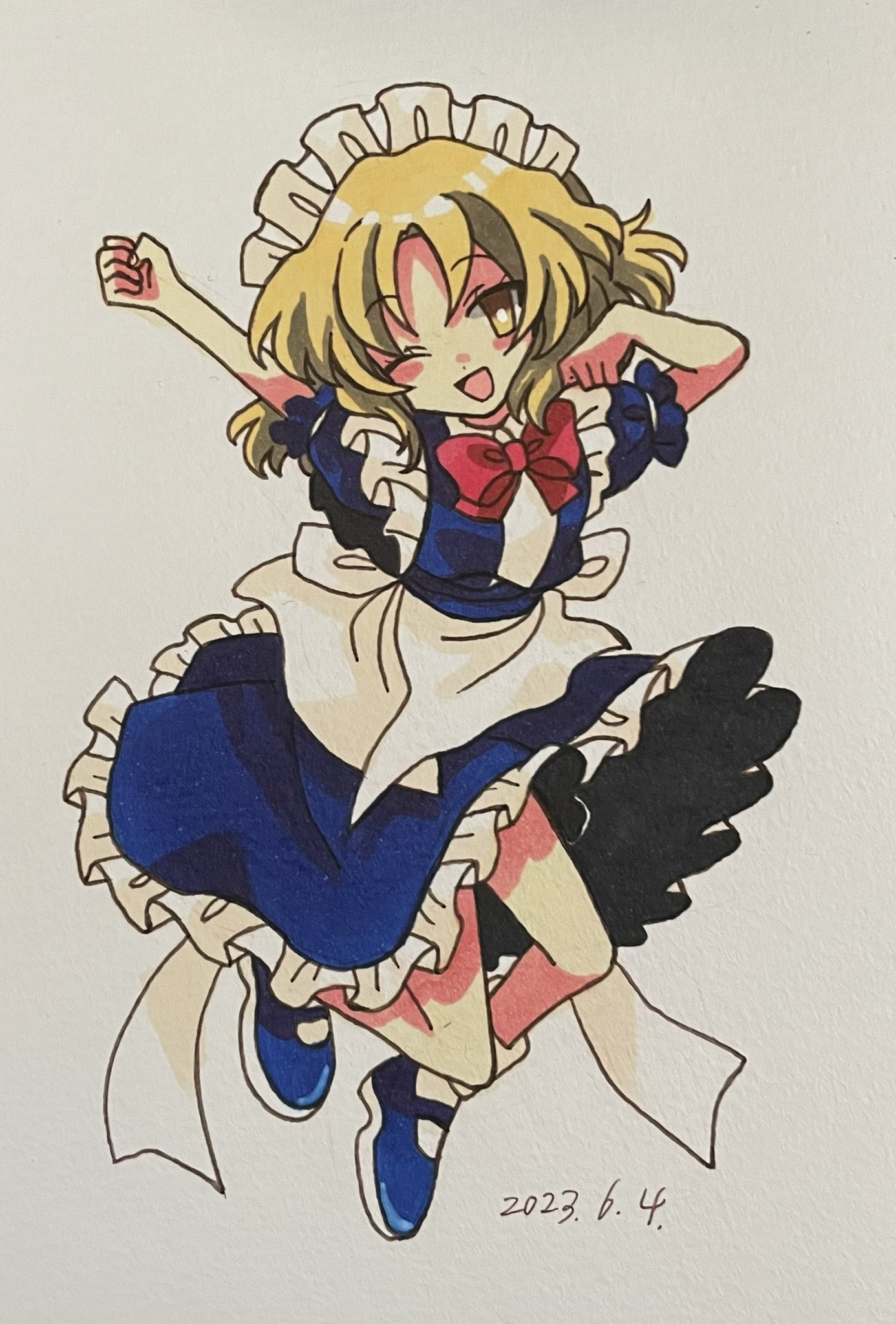 Safebooru - 1girl apron arm up blue dress blue footwear bow bowtie dated dress furiba 794 ...