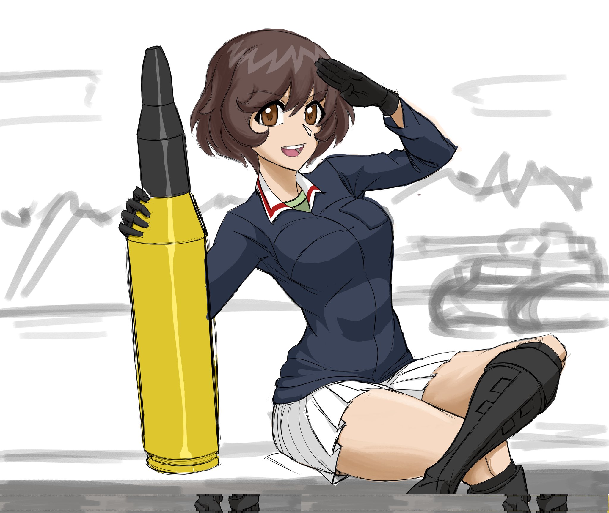 Safebooru - 1girl :d akiyama yukari black footwear blouse blue jacket blurry blurry background ...