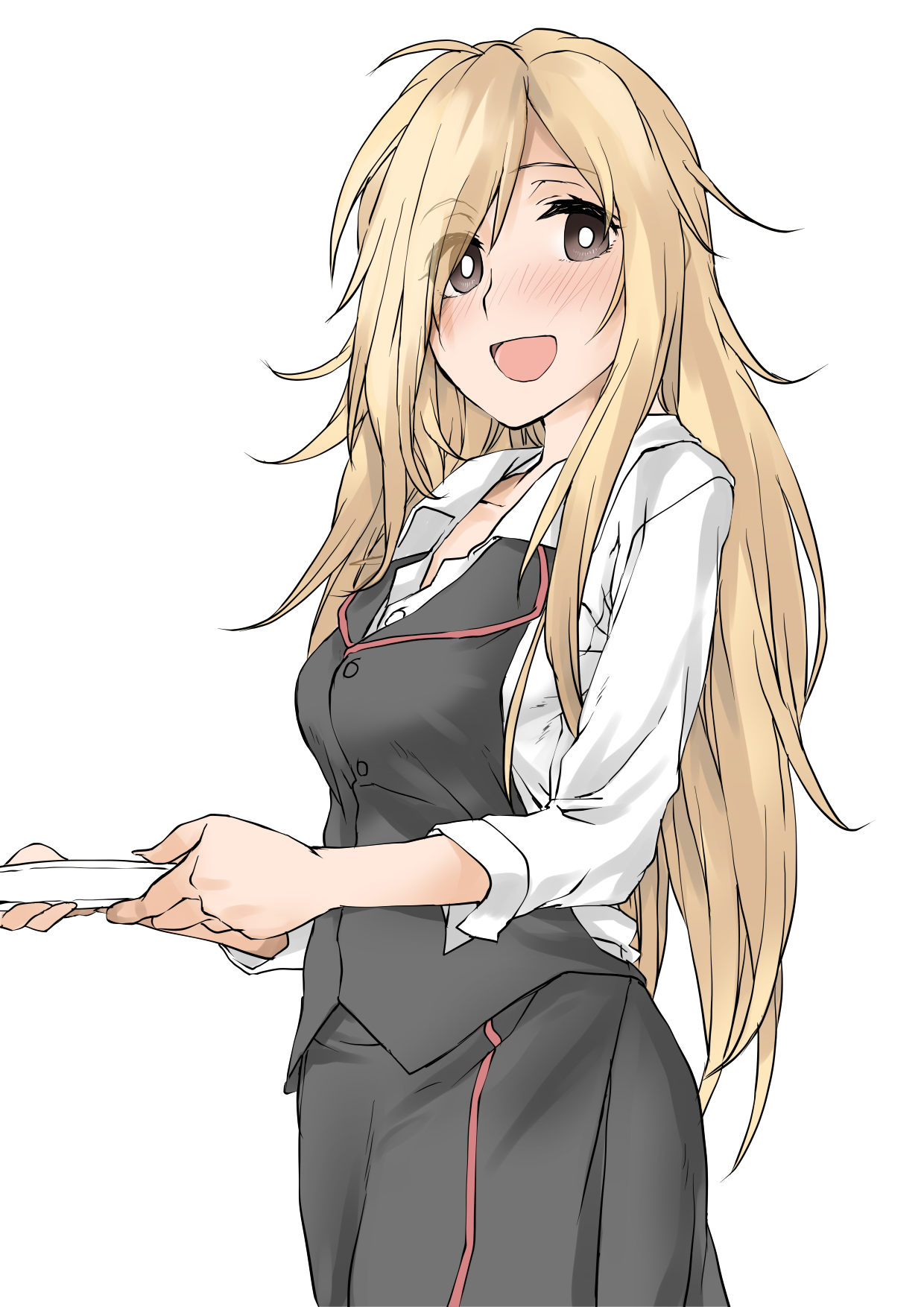 Safebooru - 1girl :d ahoge black eyes black skirt black vest blonde hair blush buttons ...