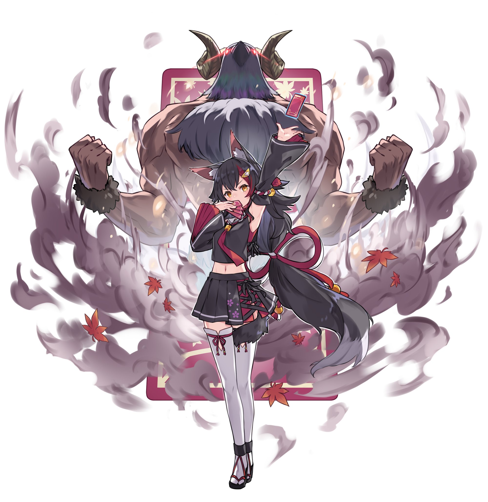 Safebooru - 1girl animal ears arm up autumn leaves black hair black skirt brown eyes clenched ...