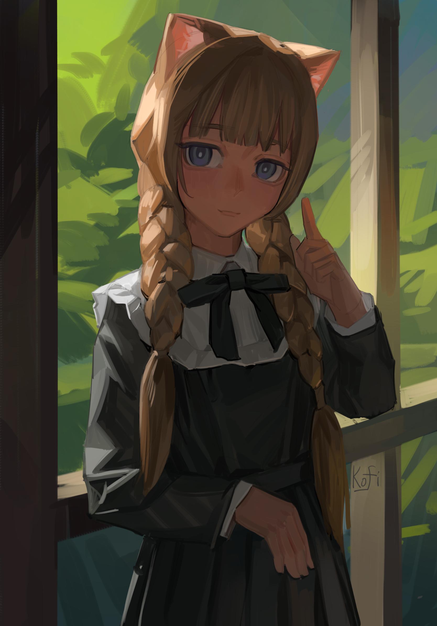 Safebooru - 1girl animal ears artist name backlighting black dress black ribbon blonde hair blue ...