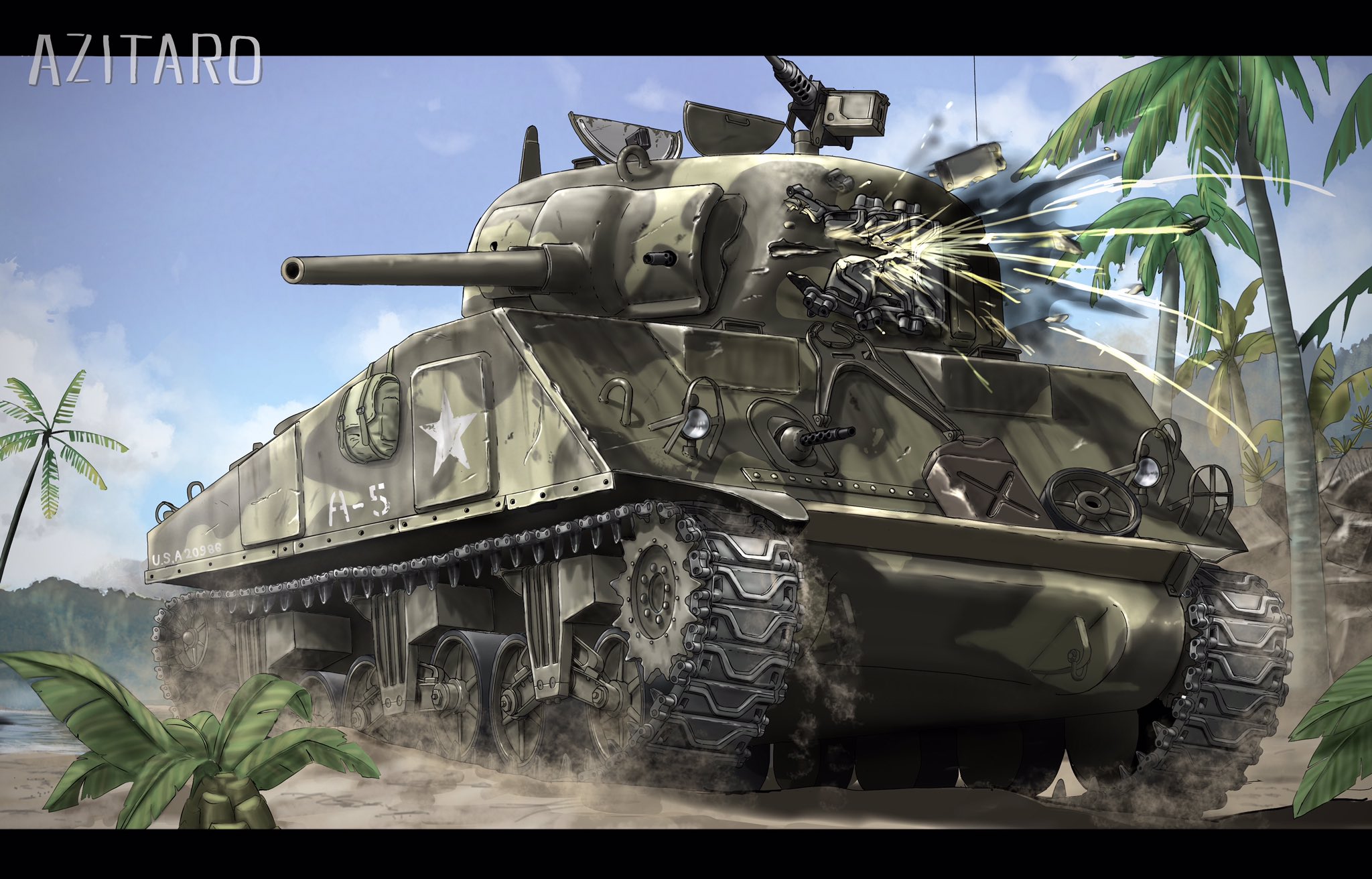 Safebooru - artist name battle beach black border border browning m1919 ...