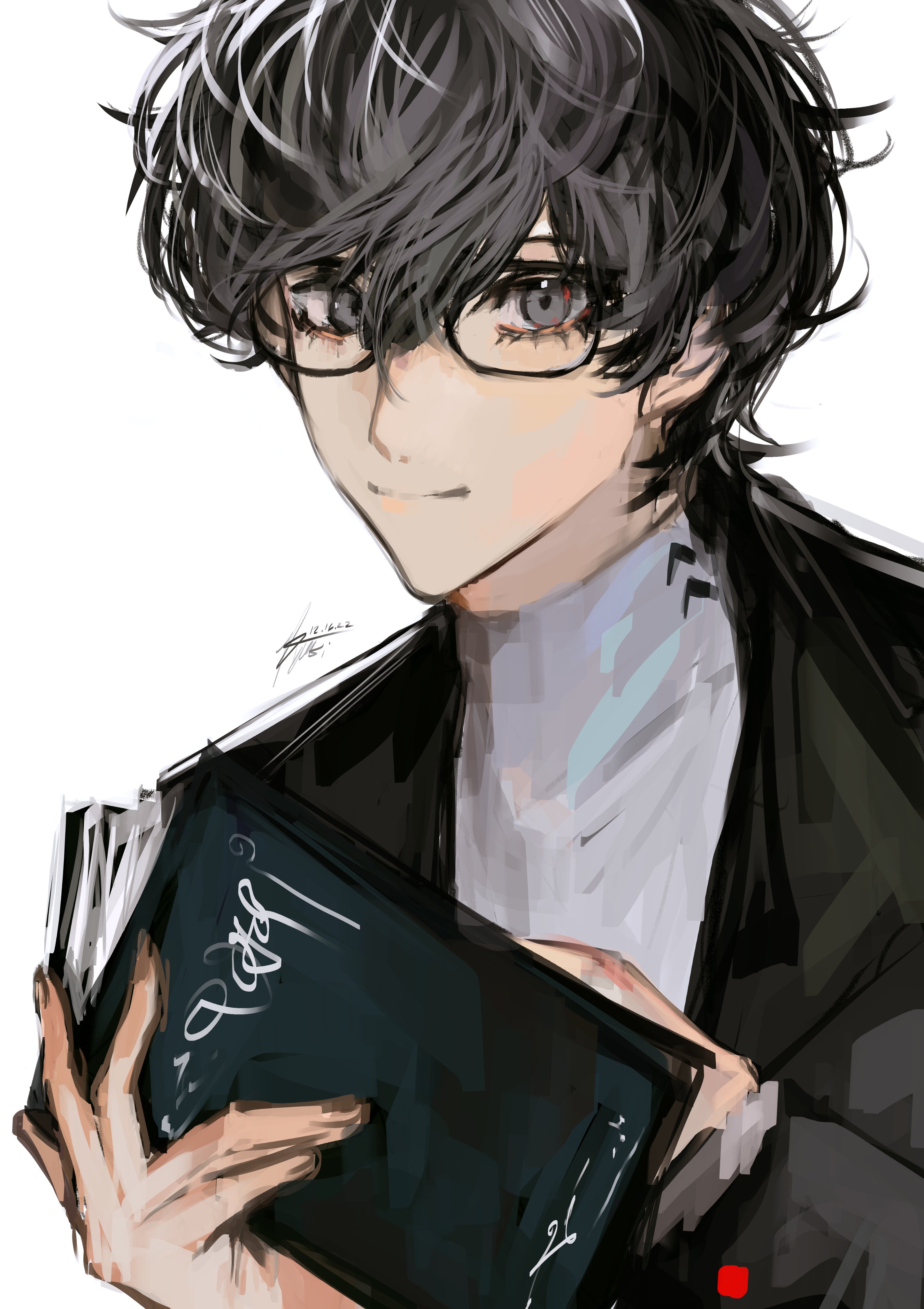 Safebooru - 1boy absurdres amamiya ren black hair book glasses highres holding holding notebook ...