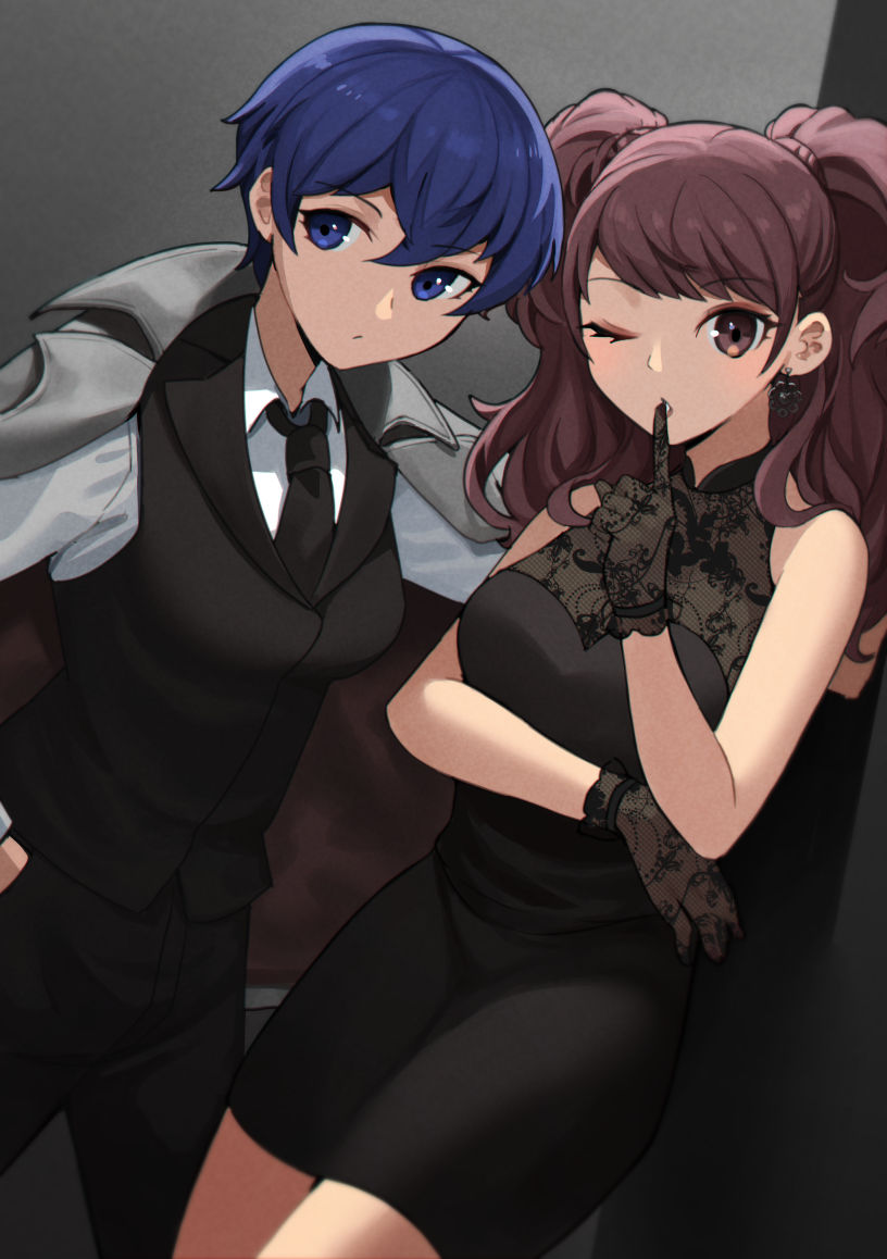 Safebooru - 2girls arm under breasts black dress black jacket black necktie black pants blue ...