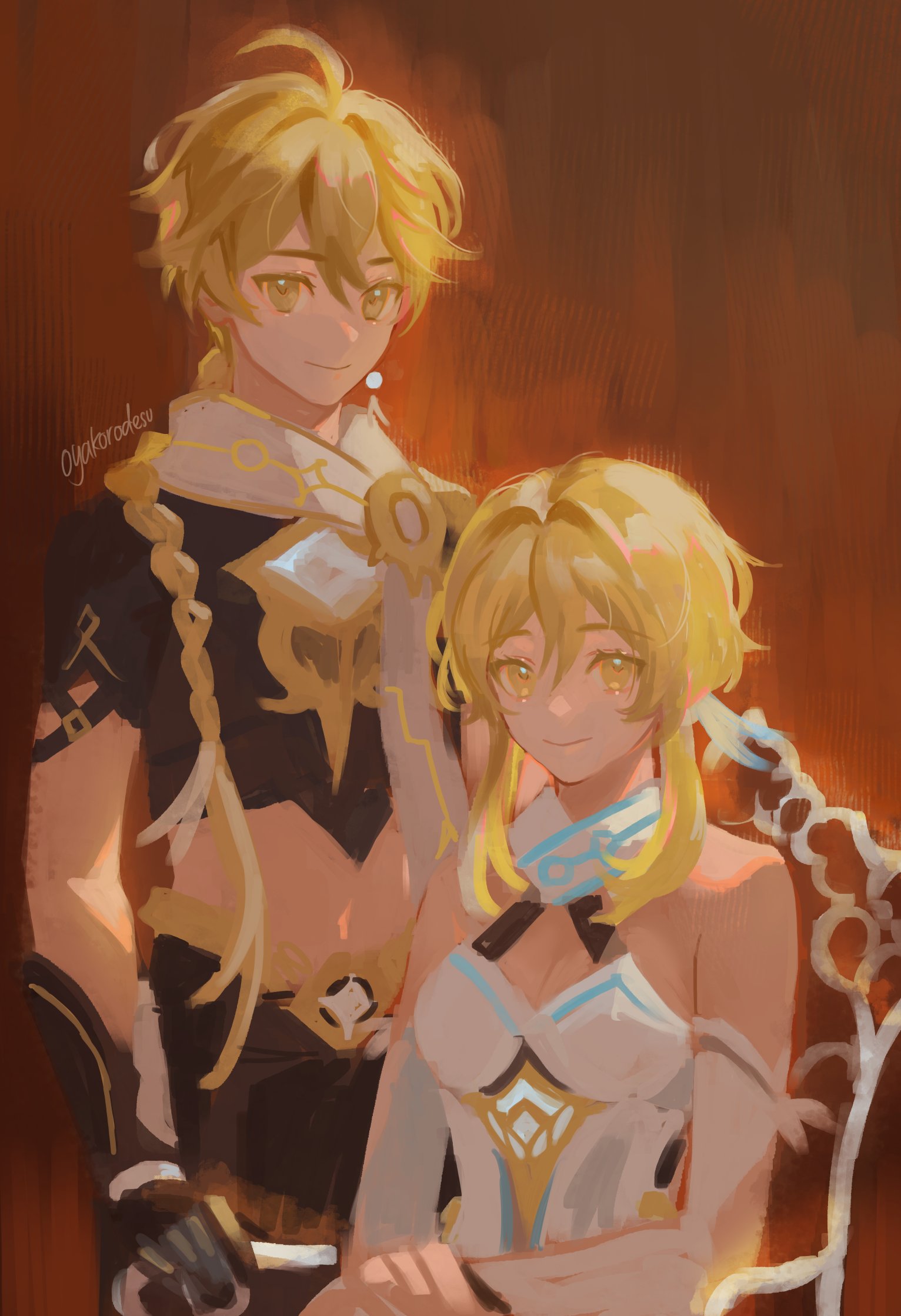 Safebooru - 1boy 1girl aether (genshin impact) ahoge arm armor artist name bare shoulders black ...