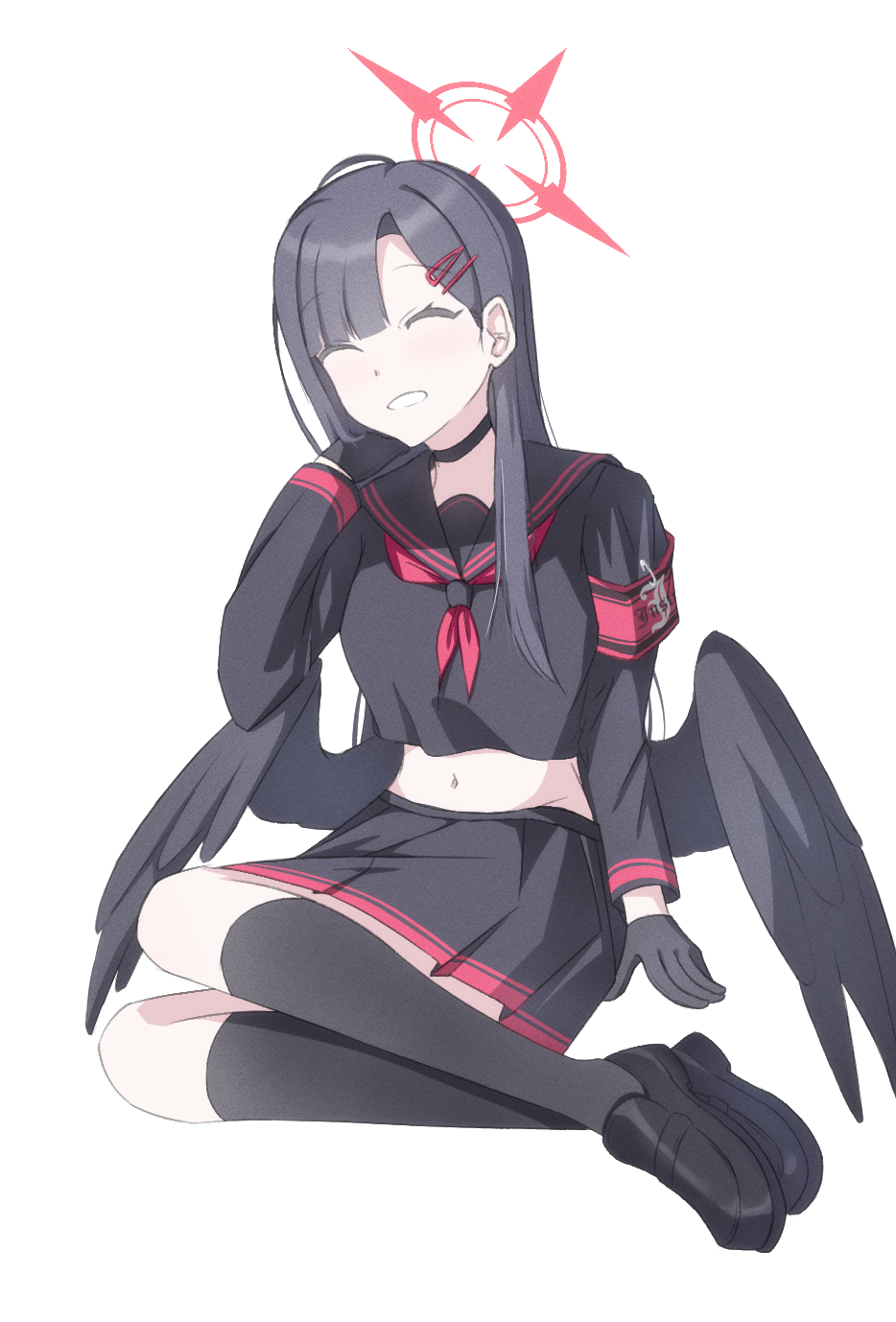 Safebooru - 1girl angel wings black gloves black hair black sailor collar black skirt blue ...